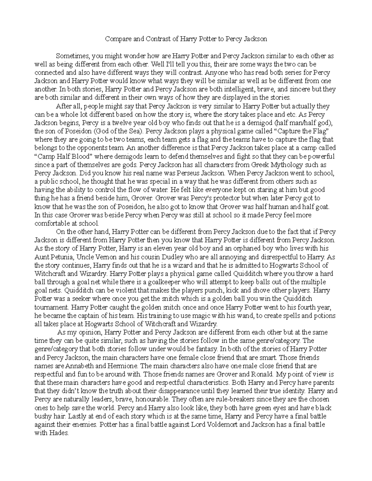 Compare and Contrast Novel Characters - Compare and Contrast of Harry ...