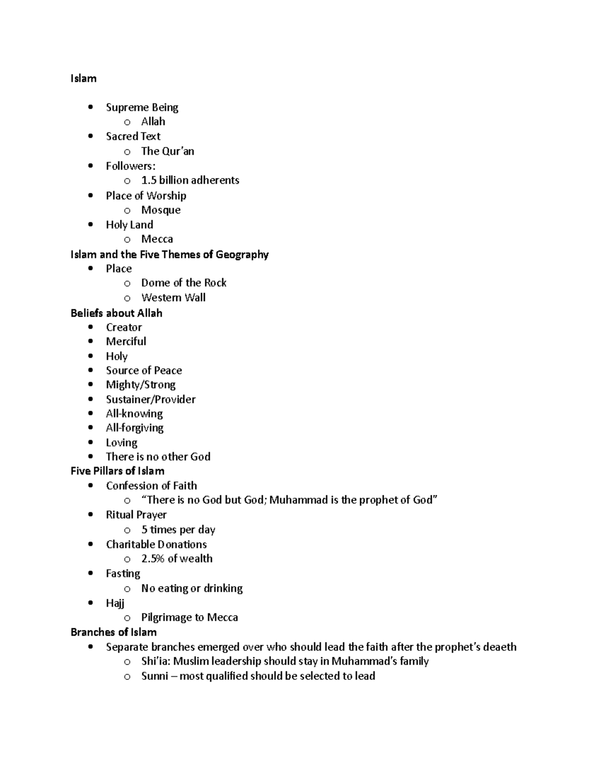 Islam - Lecture notes 7 - Islam Supreme Being o Allah Sacred Text o The ...