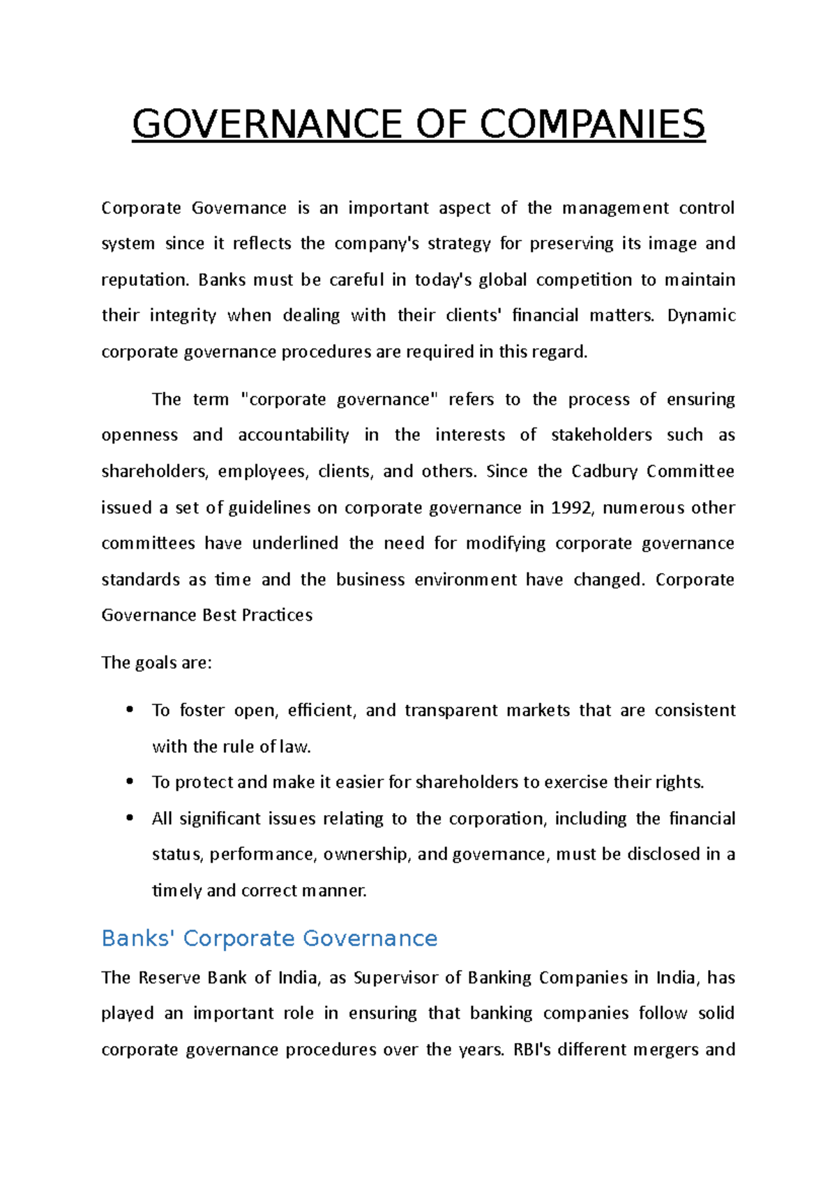 Brief NOTE ON Governance OF Companies - GOVERNANCE OF COMPANIES ...