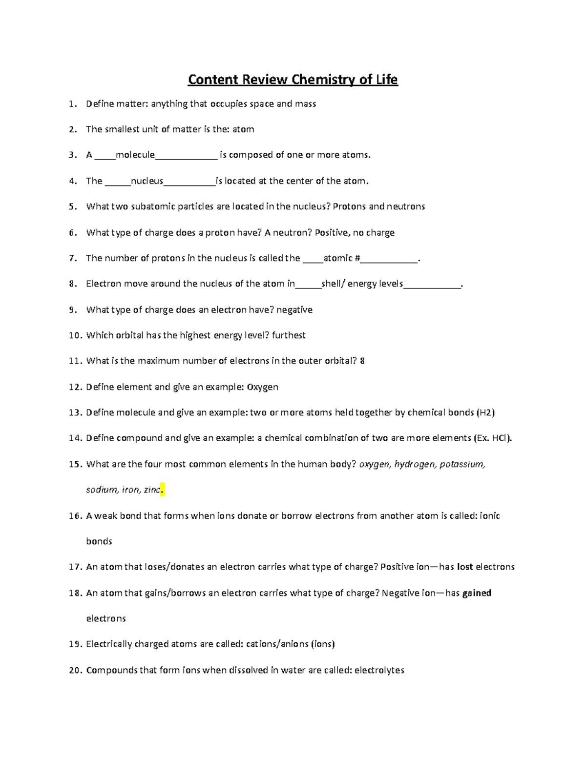 Content Review Chemistry of Life - Content Review Chemistry of Life De ...