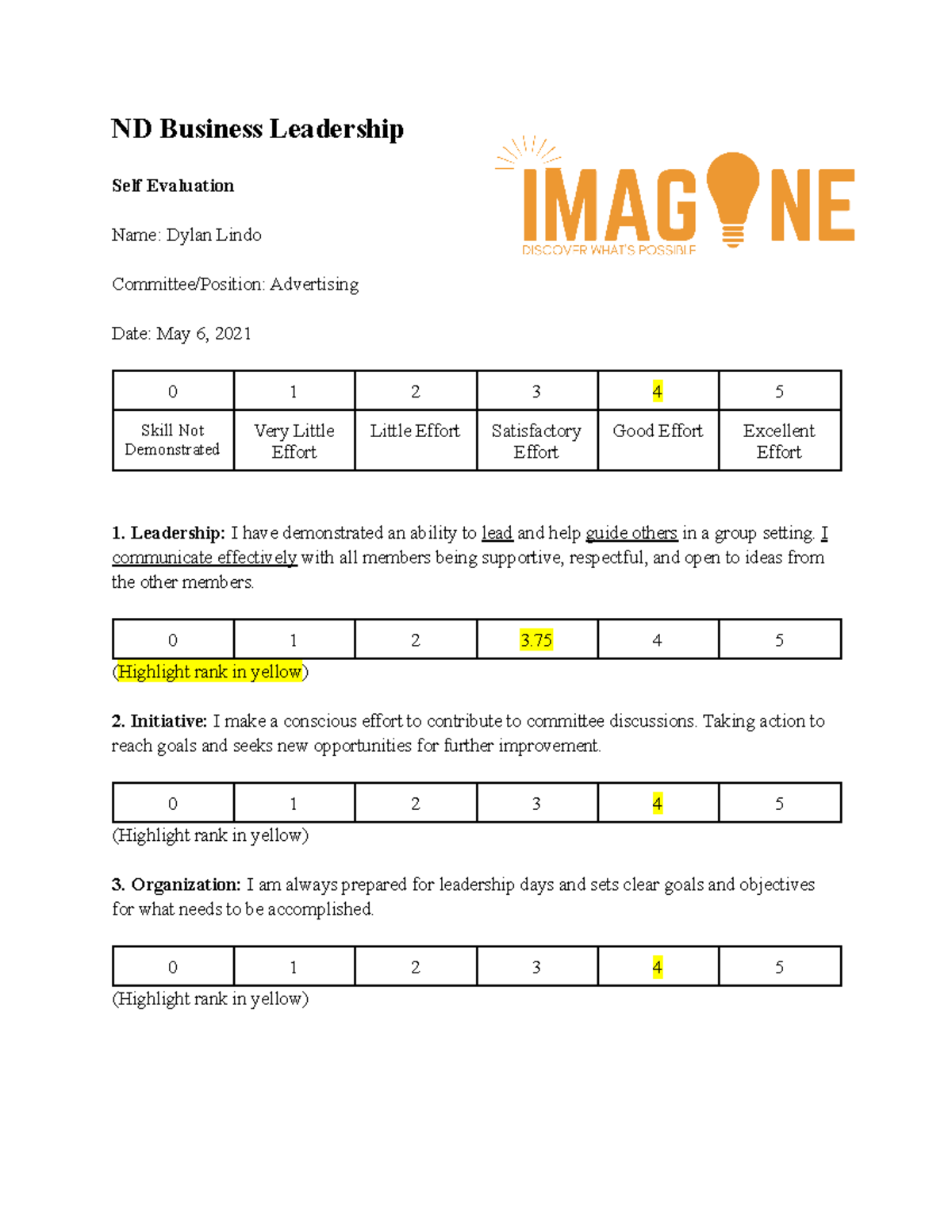 (Dylan Lindo) Self Evaluation #1 - 06 05 2021 - ND Business Leadership ...