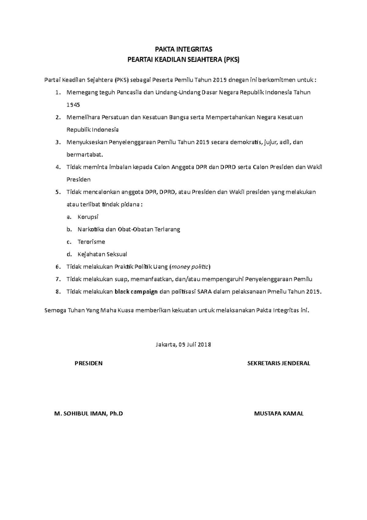 Contoh Surat Pakta Integritas Parpol - PAKTA INTEGRITAS PEARTAI ...