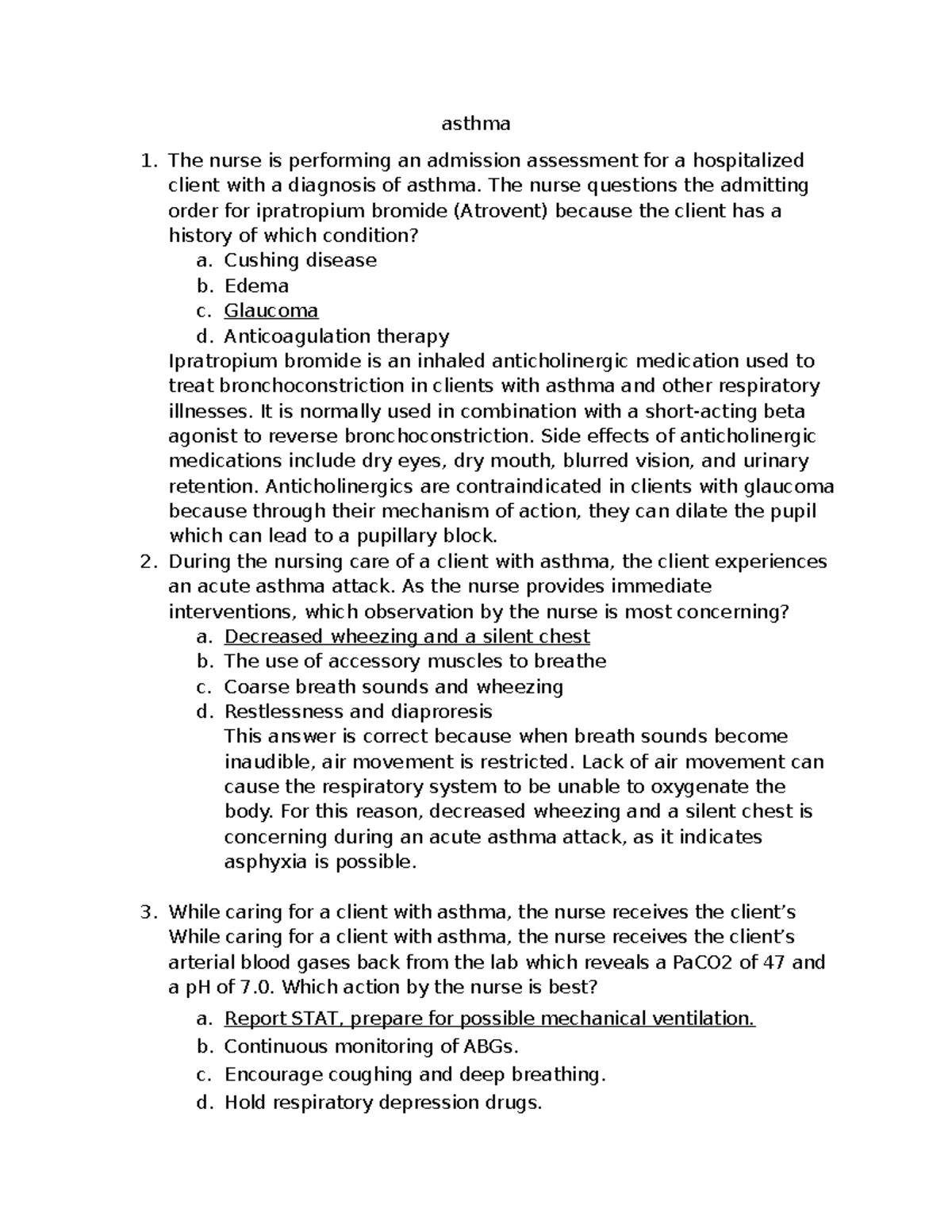 Asthma q&a - asthma The nurse is performing an admission assessment for ...