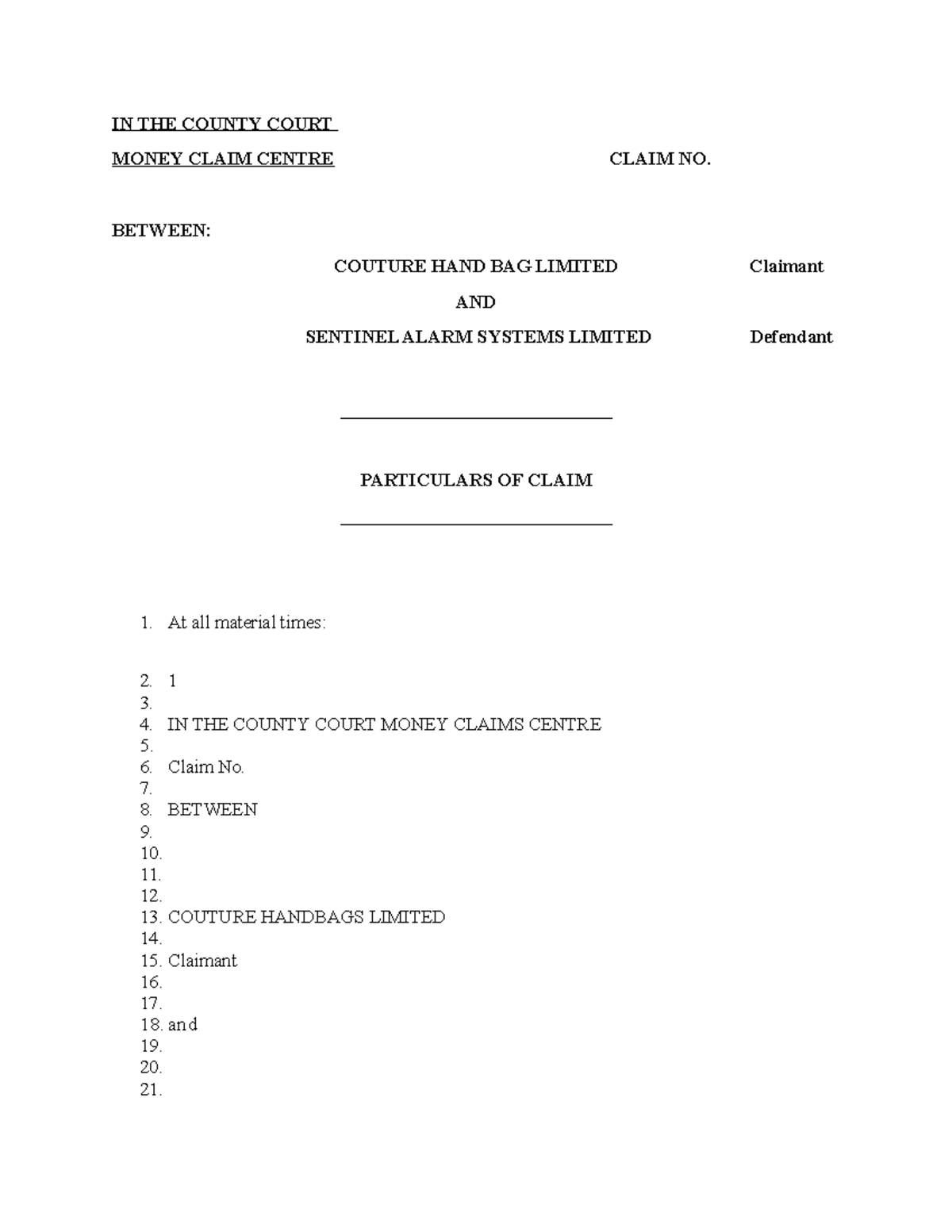 Poc draft ws6 - example particular of claim - IN THE COUNTY COURT MONEY ...