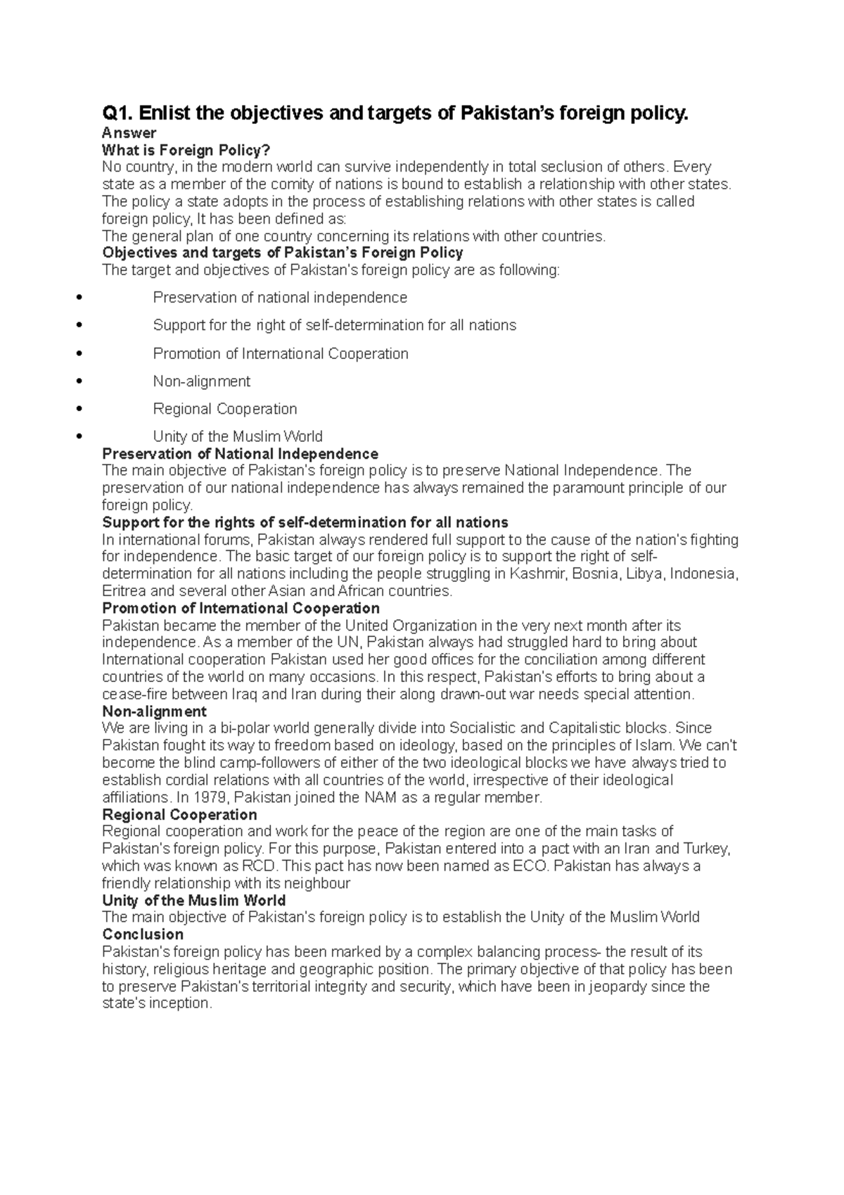 Foregin Policy of Pakistan - Q1. Enlist the objectives and targets of ...