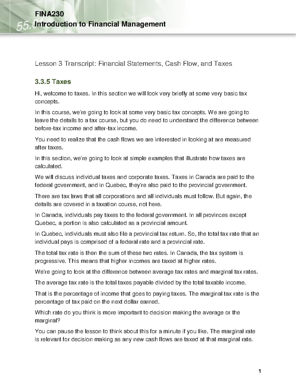 FINA230 Lesson 03 03 05 transcript - Introduction to Financial ...