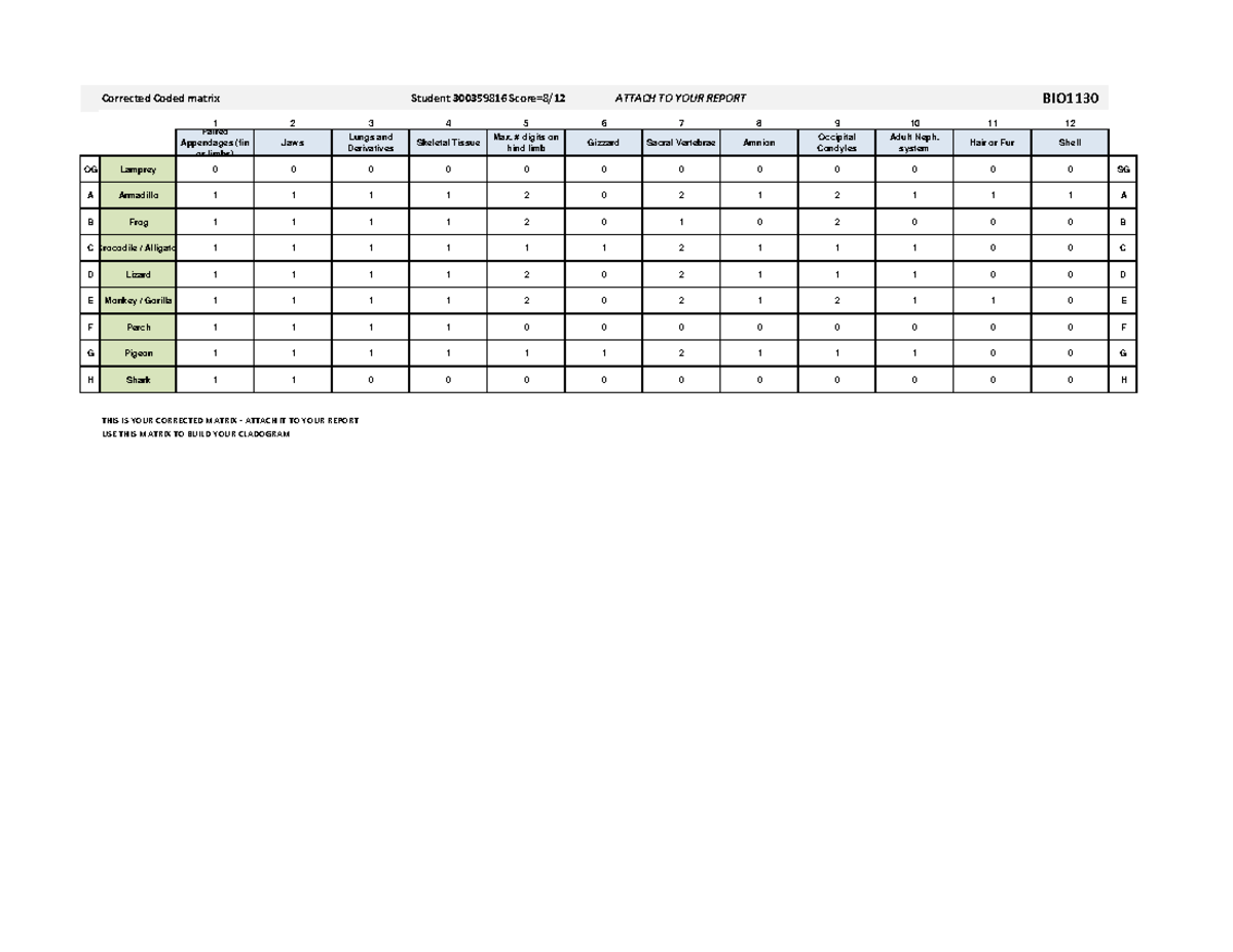 Corrected code Matrix - Corrected Coded matrix Student 300359816 Score ...