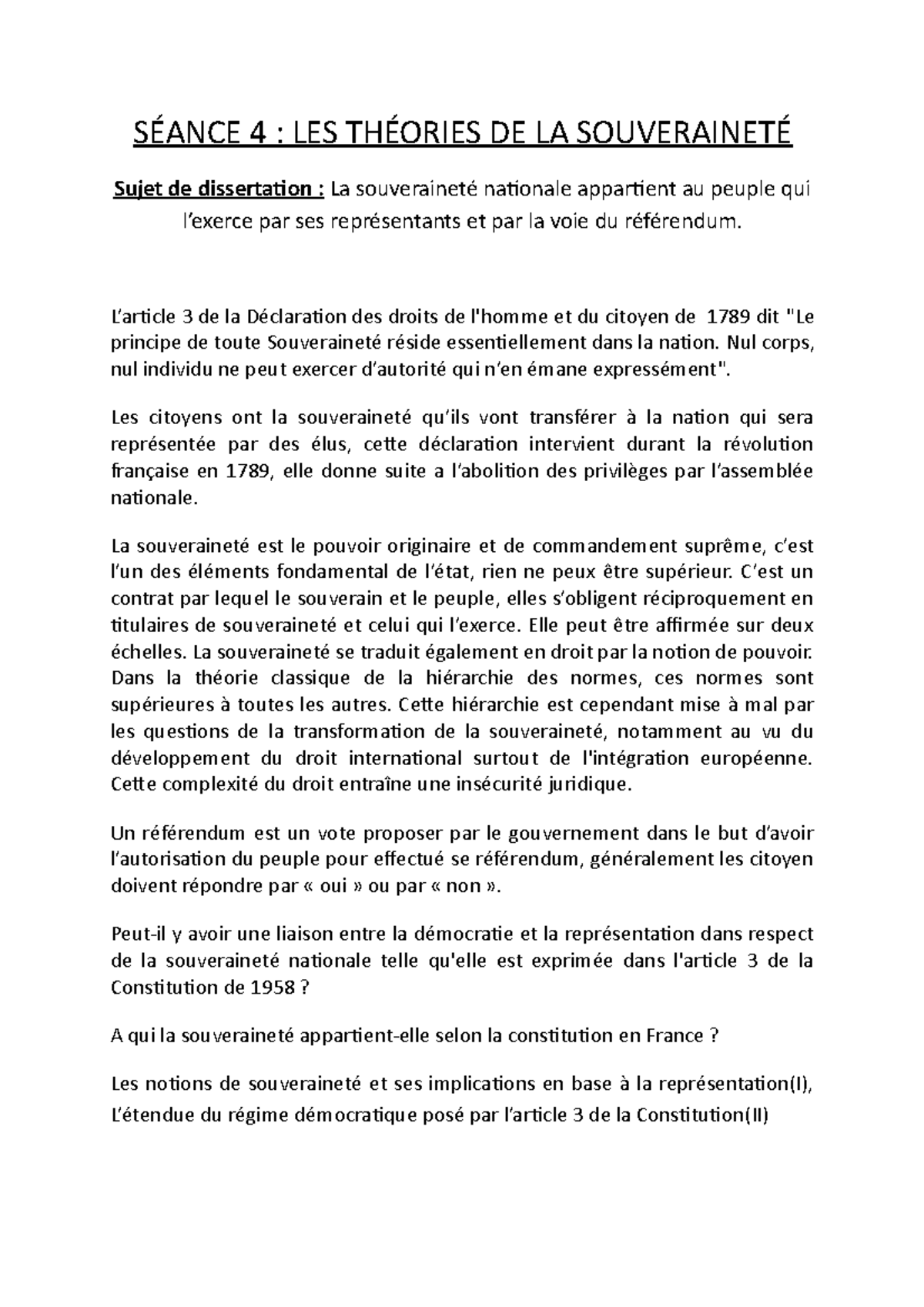 TD 4 droit constit - SÉANCE 4 : LES THÉORIES DE LA SOUVERAINETÉ Sujet de dissertation : La - Studocu