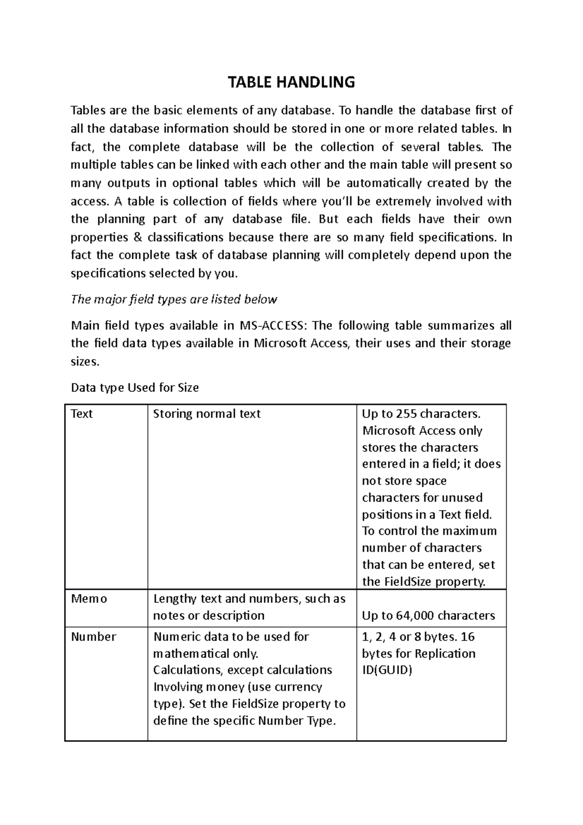 Table 1 - very useful - TABLE HANDLING Tables are the basic elements of ...