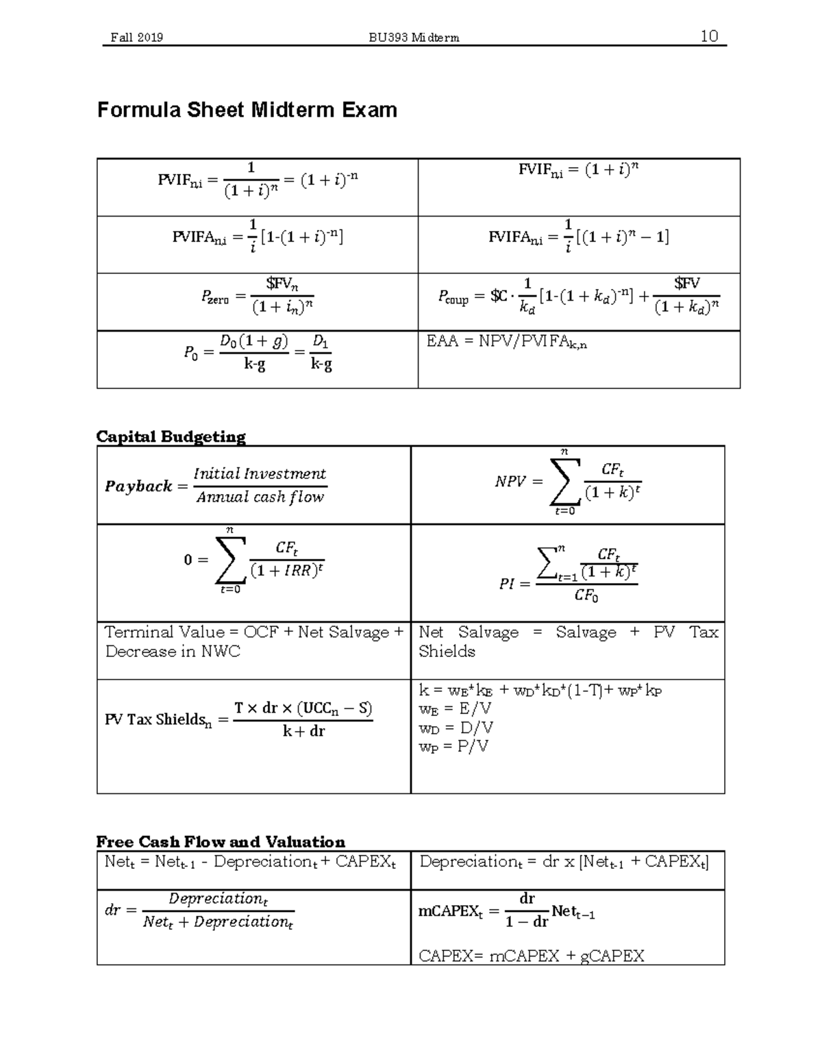 Midterm Formula Sheet 2019 - Fall 2019 BU393 Midterm 10 Formula Sheet Midterm Exam PVIFn,i= 1 ...