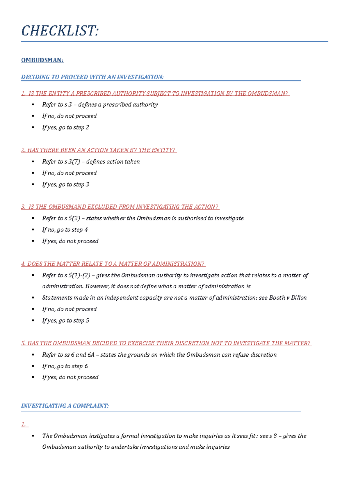 Checklist - Summary Administrative Law - CHECKLIST: OMBUDSMAN: DECIDING ...