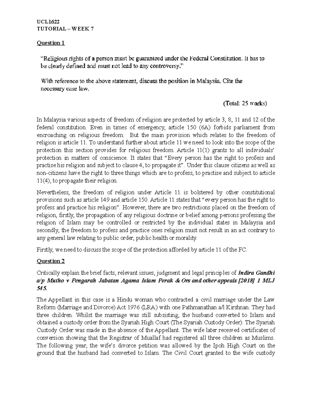 Week 7 Tutorial Article 11 - UCL TUTORIAL – WEEK 7 Question 1 In ...