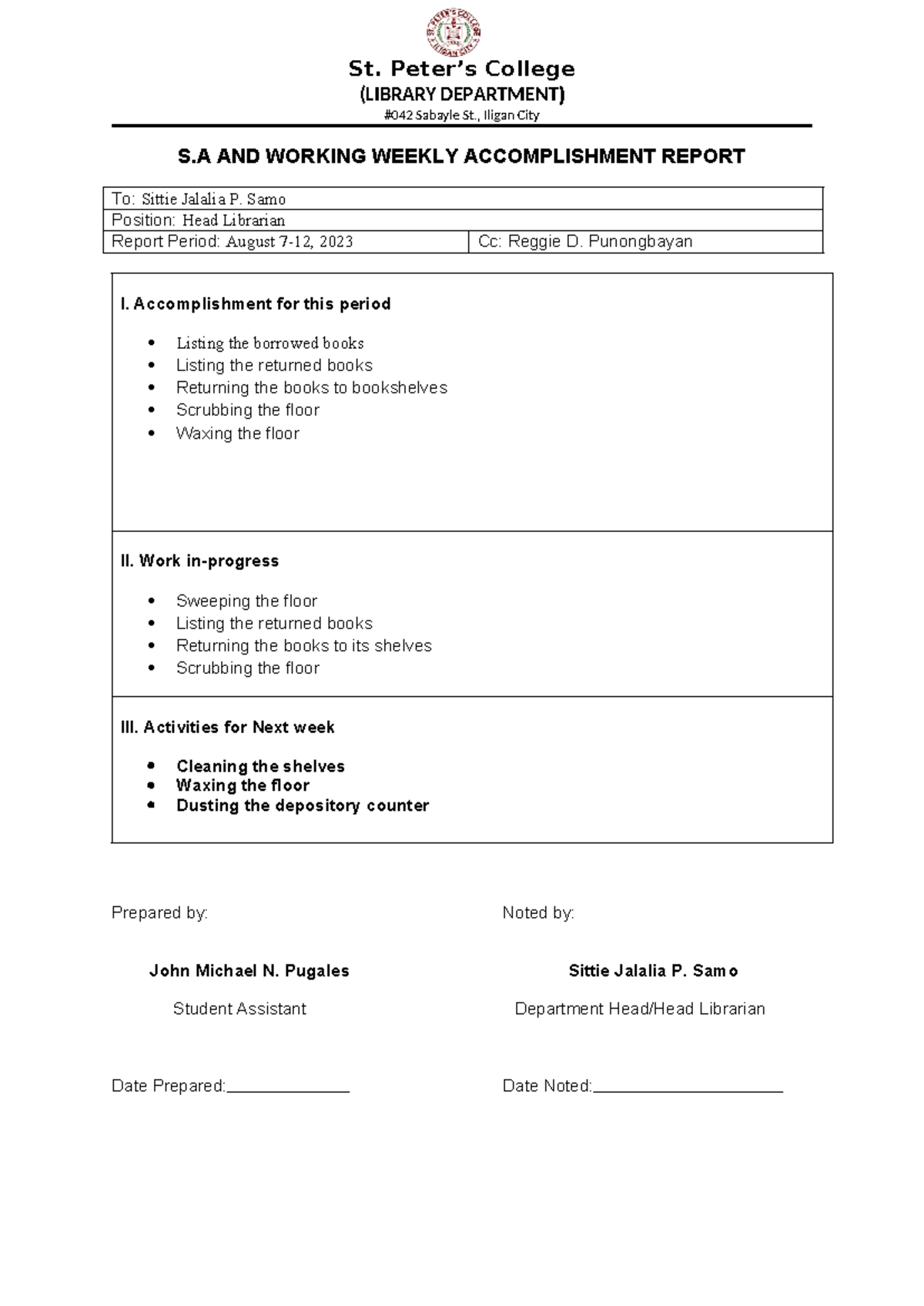 Accomplishment Reports ( December 18 - 23) - St. Peter’s College ...