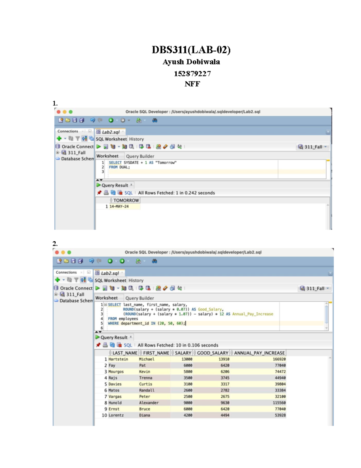 Lab2 - Ayush Dobiwala 152879227 NFF 1. Oracle SQL Developer : 68 ...