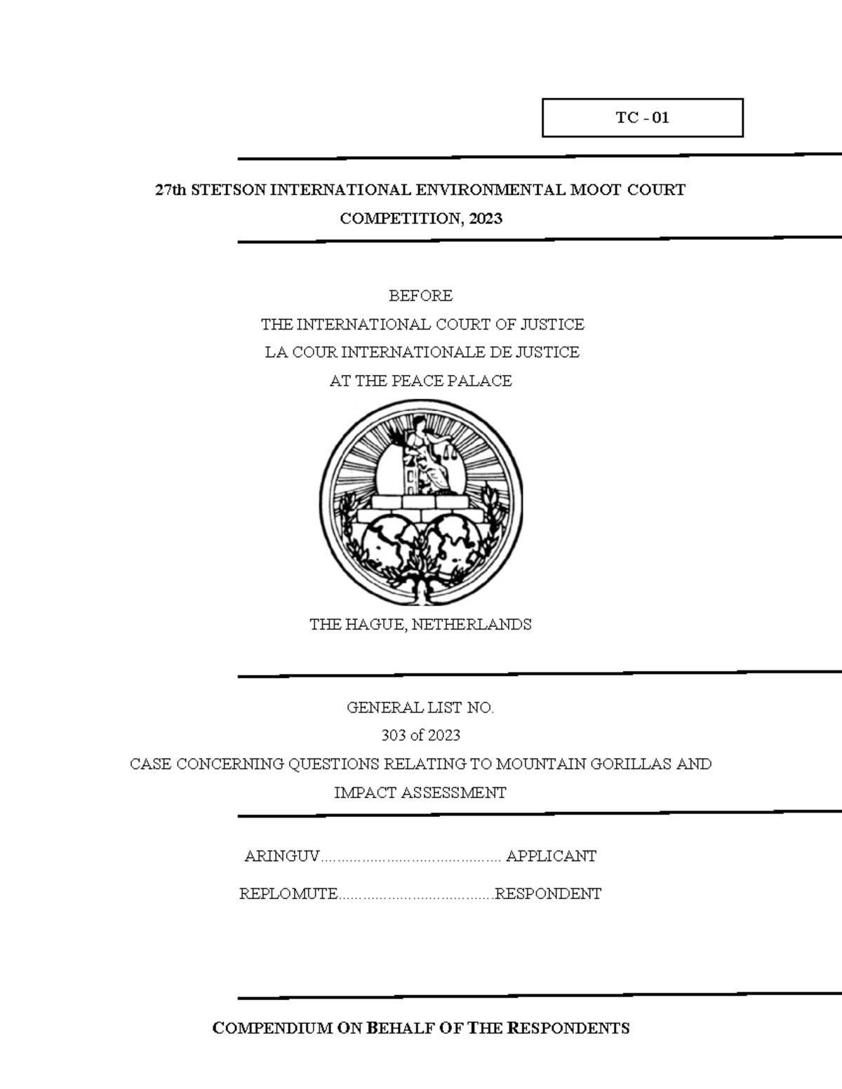 Compendium respondants - 27th STETSON INTERNATIONAL ENVIRONMENTAL MOOT ...