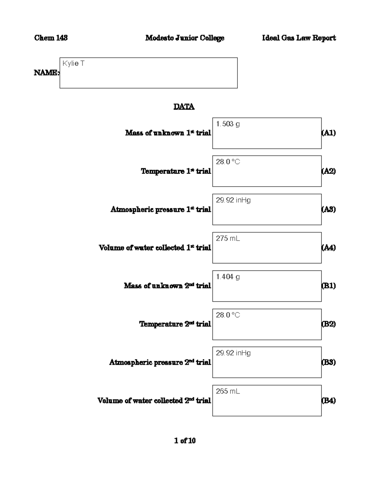 Lab Report Molar Mass of an Unknown Carbonate - Chem 143 Modesto Junior ...