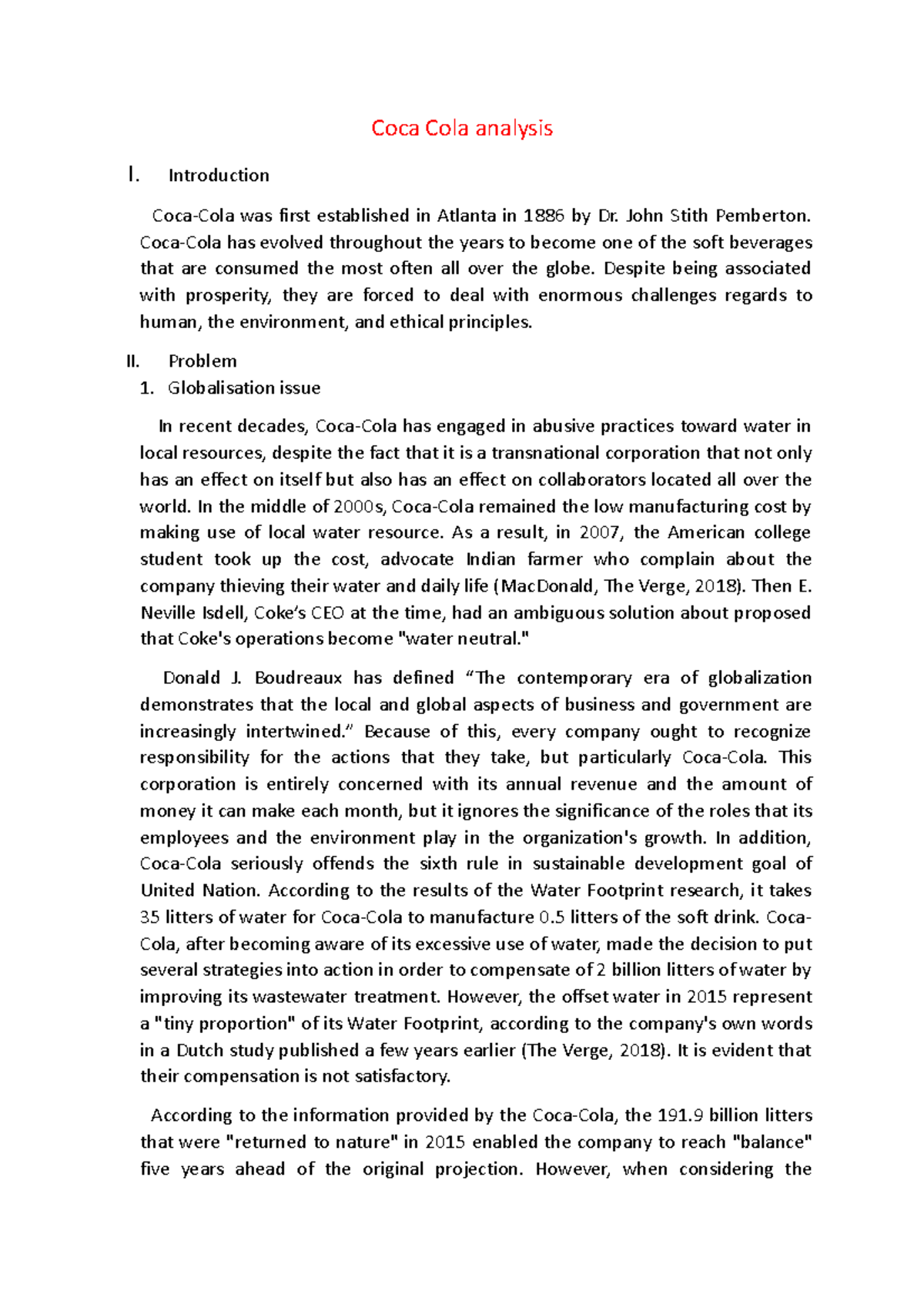 Coca Cola analysis-2 - Mark PA - Coca Cola analysis I. Introduction ...