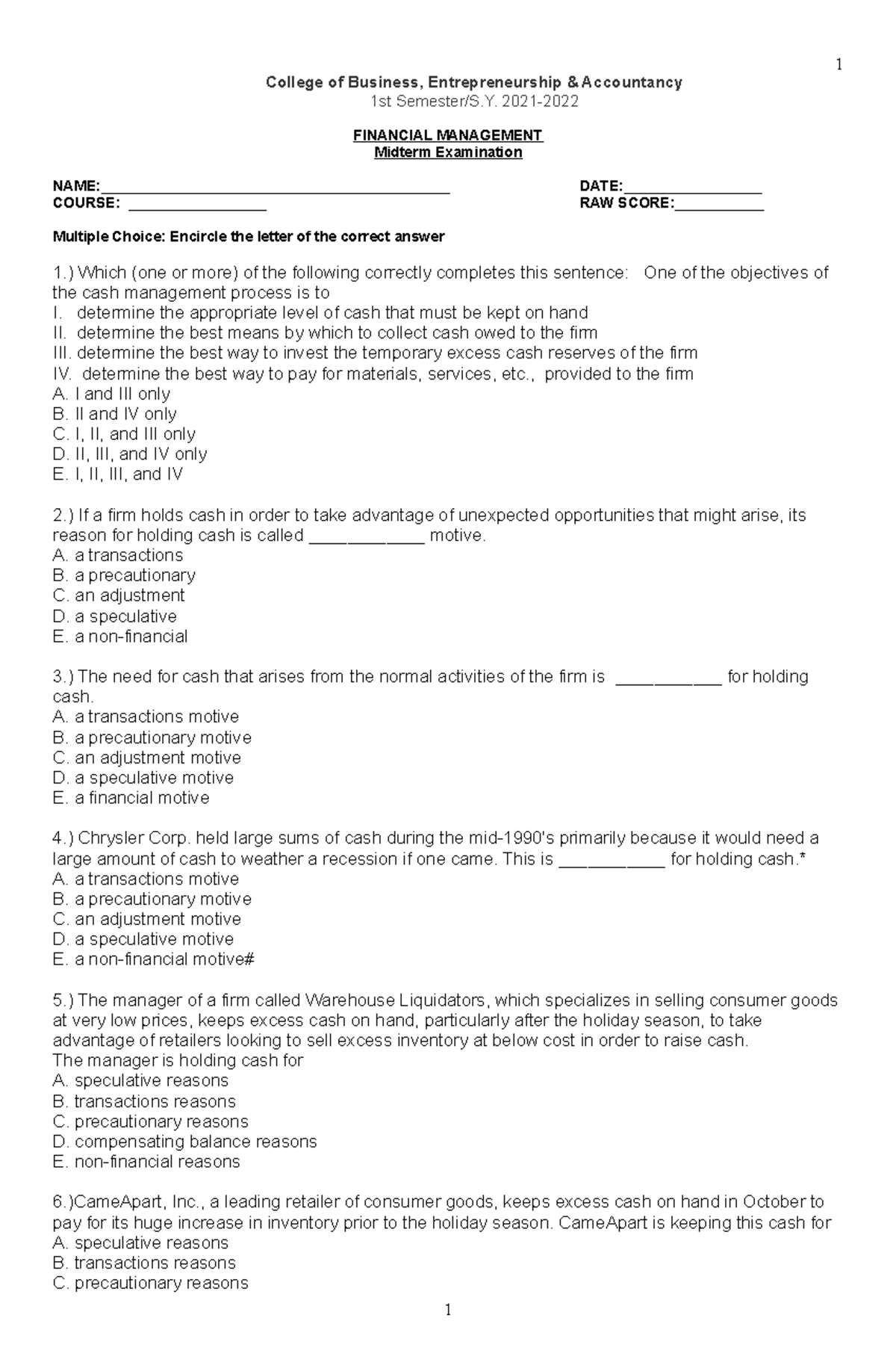 Midterm Financial Management - College of Business, Entrepreneurship ...
