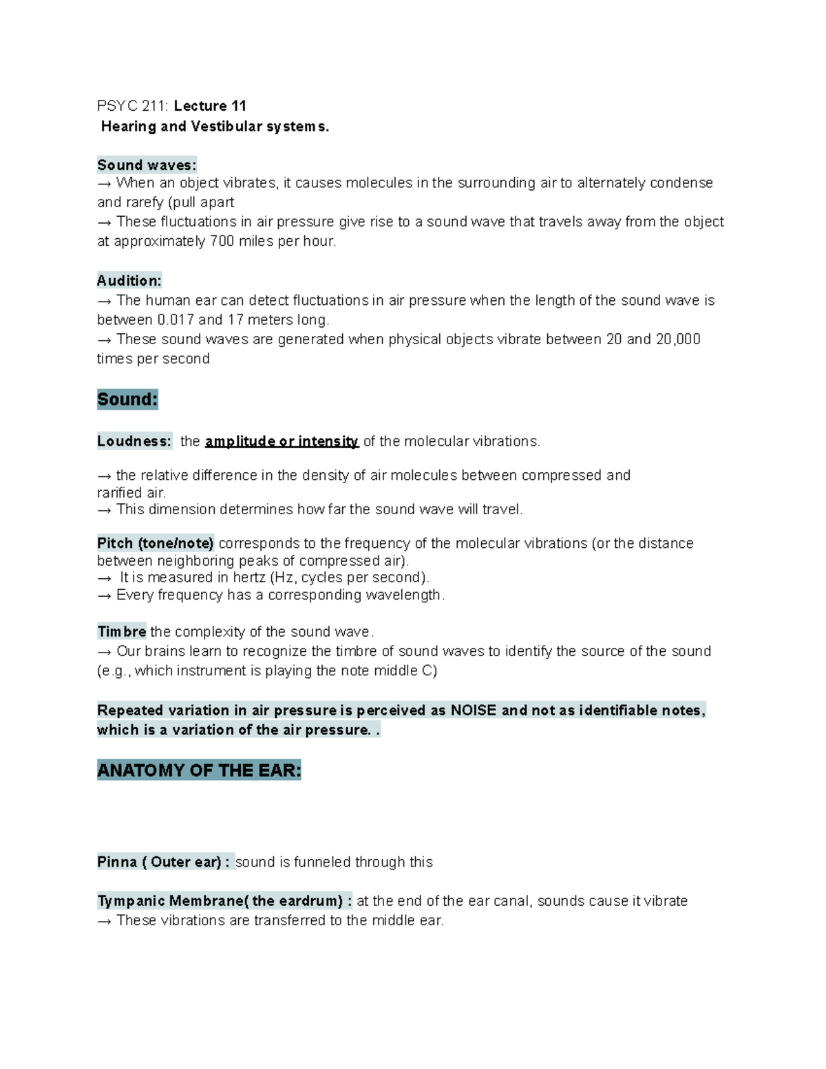 PSYC 211 Lecture 11 - PSYC 211: Lecture 11 Hearing and Vestibular systems. Sound waves: → When ...