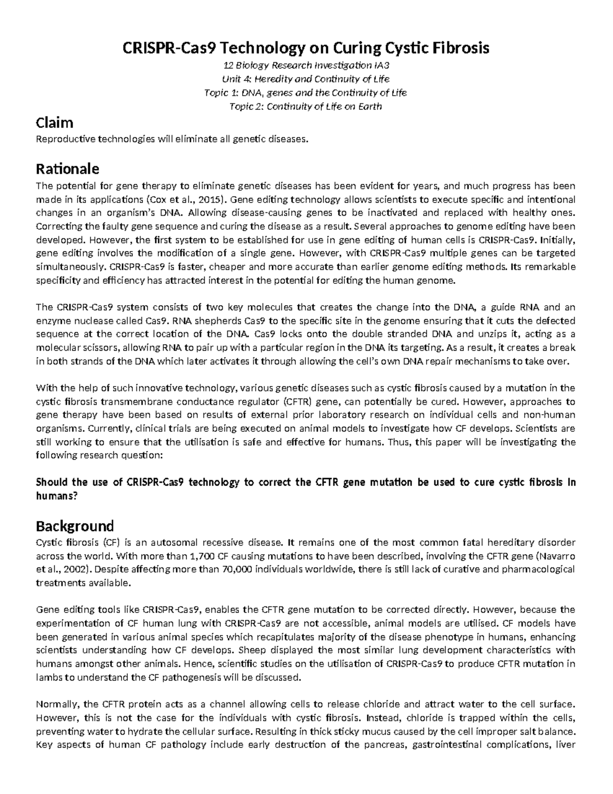 Silagan Kyle BIO IA3 Final - CRISPR-Cas9 Technology on Curing Cystic ...