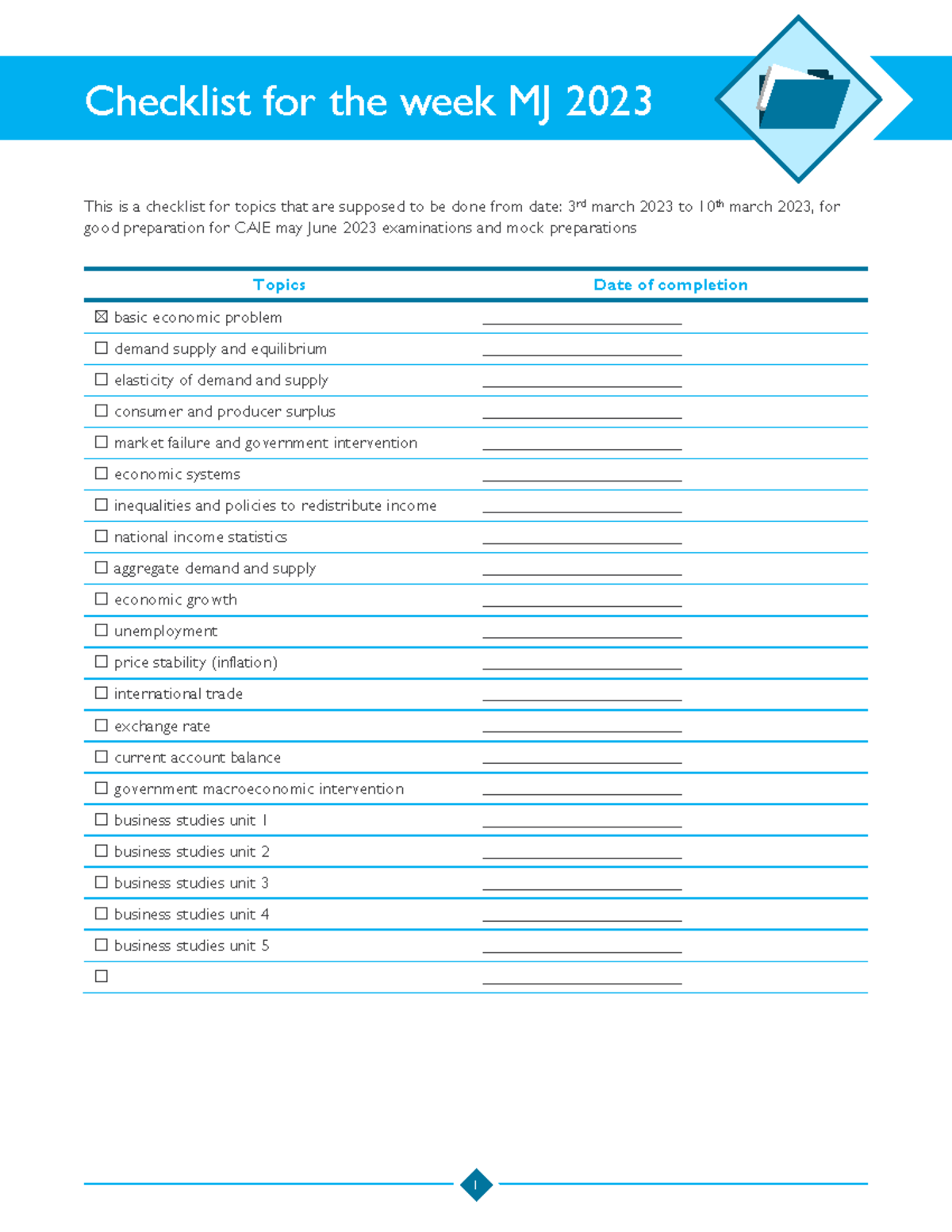 Checklist for CAIE MJ 2023 - 1 Checklist for the week MJ 2023 This is a ...