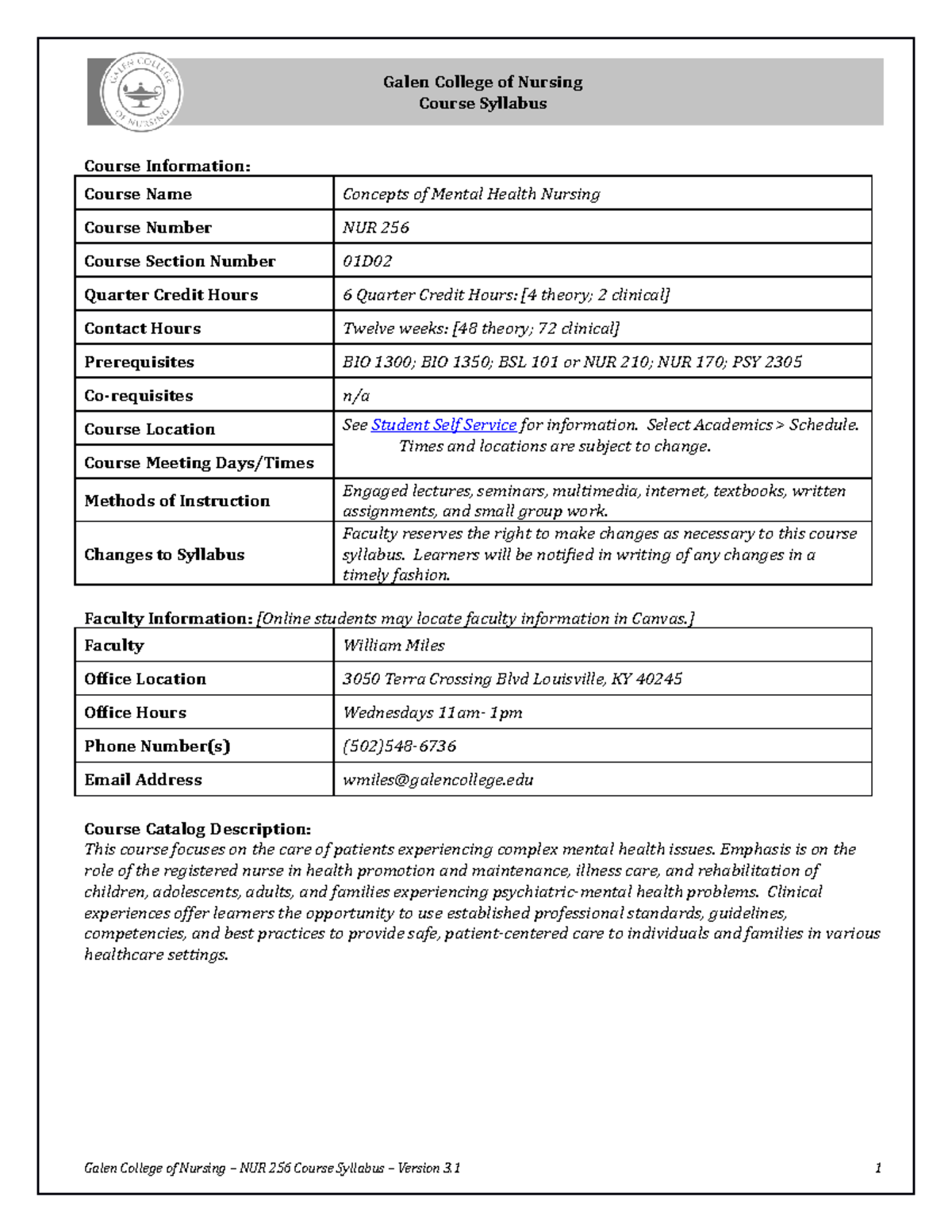NUR 256 Syllabus Version 3-1 01D02 - Galen College of Nursing Course ...