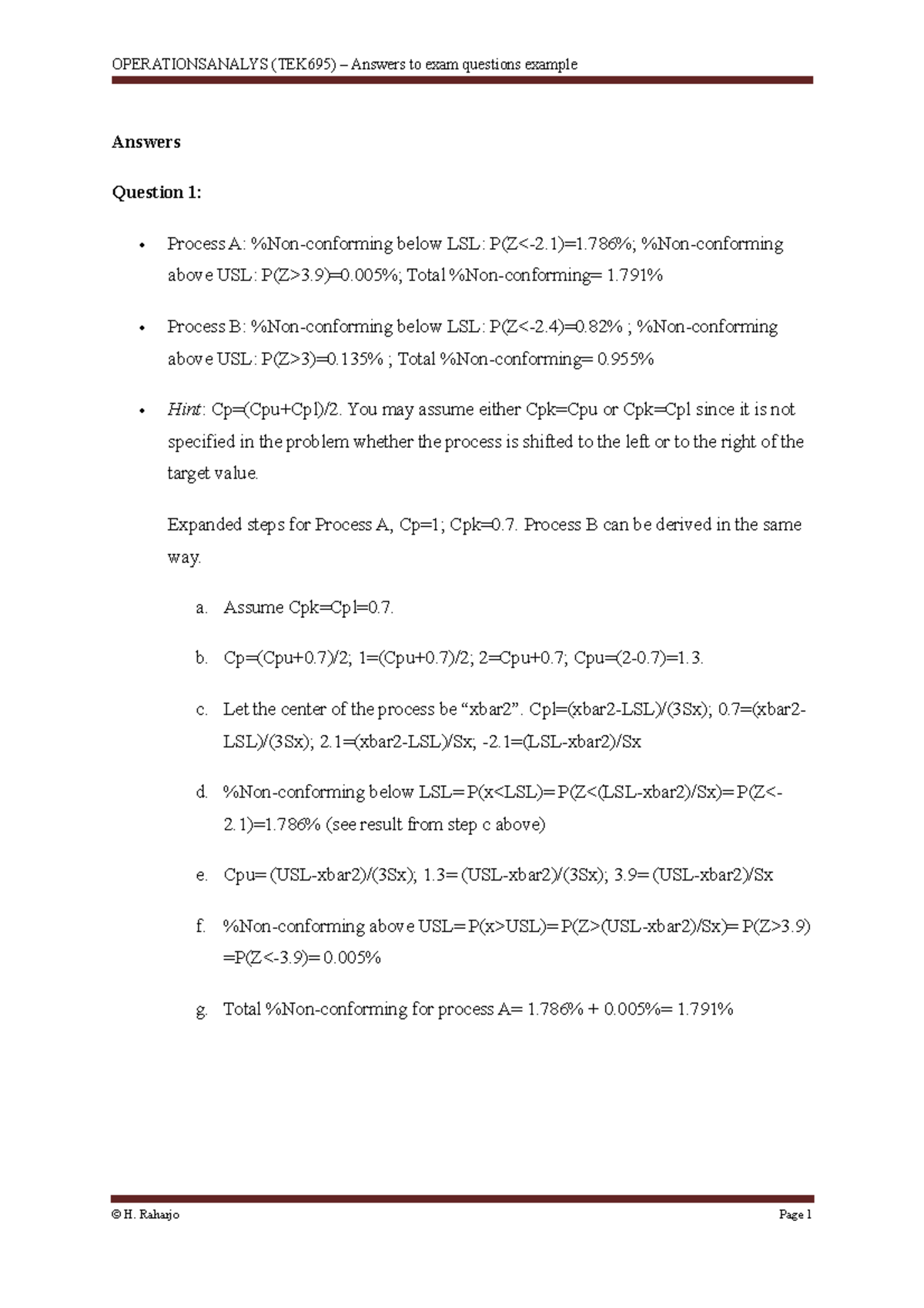 Exam Example SPC answer v0 - OPERATIONSANALYS (TEK695) – Answers to ...