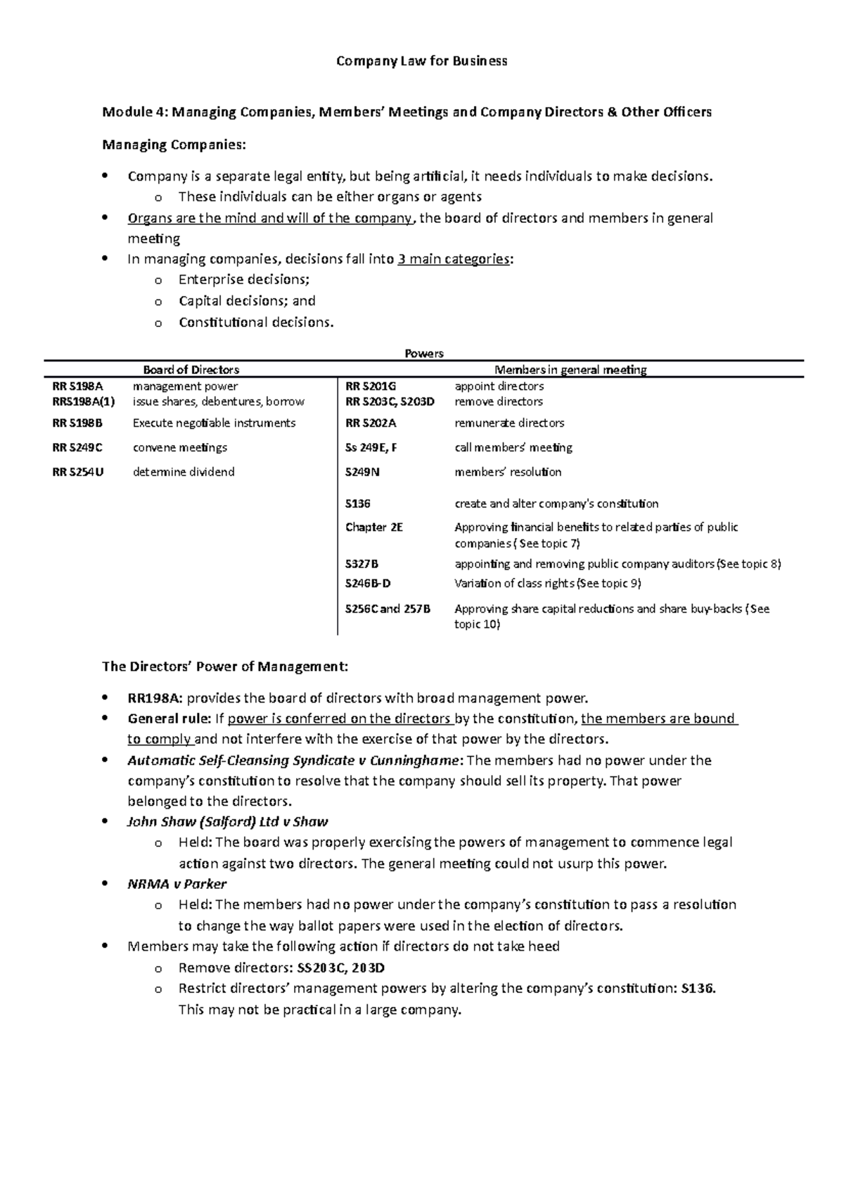 Module 4Law - Lecture notes 4 - Company Law for Business Module 4 ...