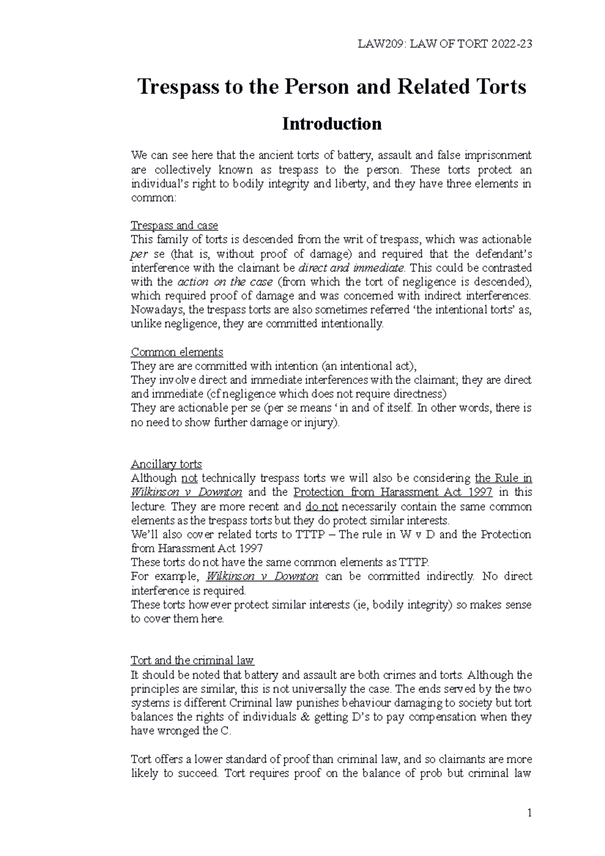 Trespass Handout 2022 23 - Trespass to the Person and Related Torts ...