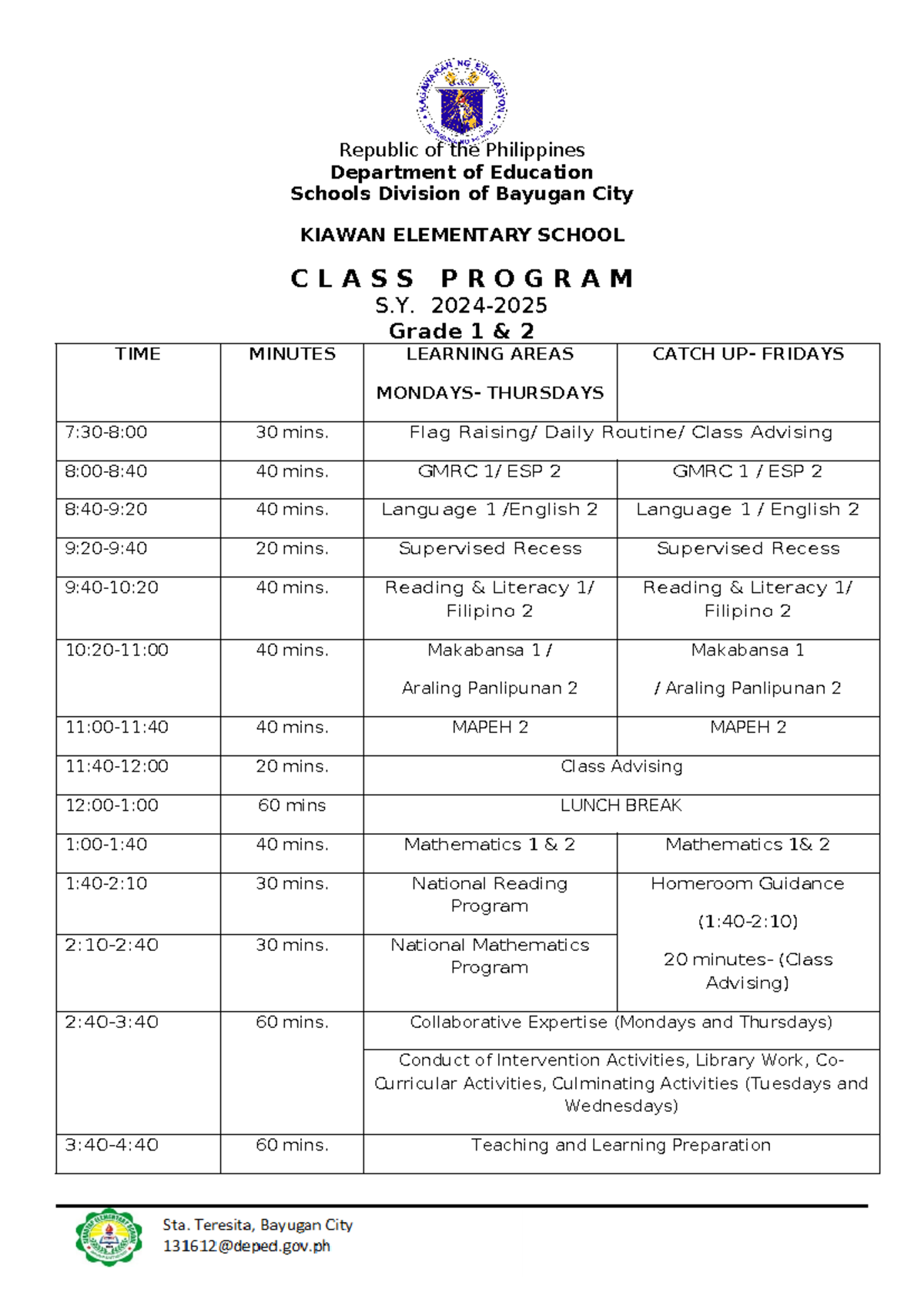 MG Matatag Class Program Grade 1 2 - Republic of the Philippines ...