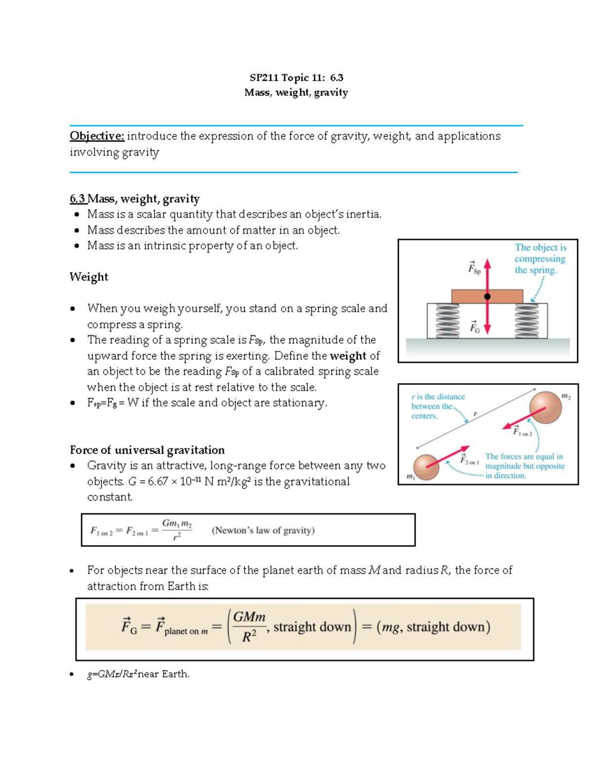 Topic 11 worksheet - SP211 Topic 11: 6. Mass, weight, gravity Objective ...