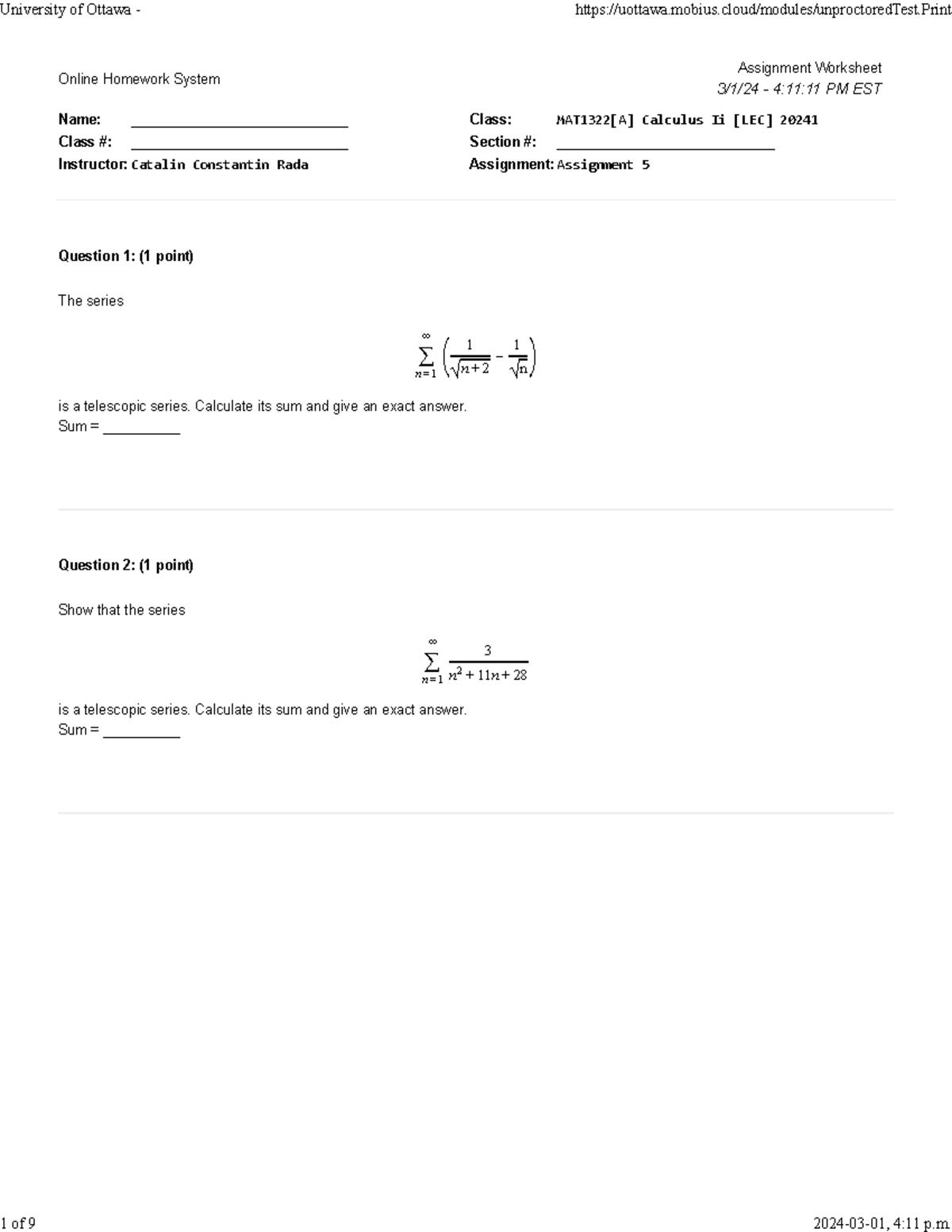Mobius 5 Assigment - Physics - Online Homework System Assignment ...