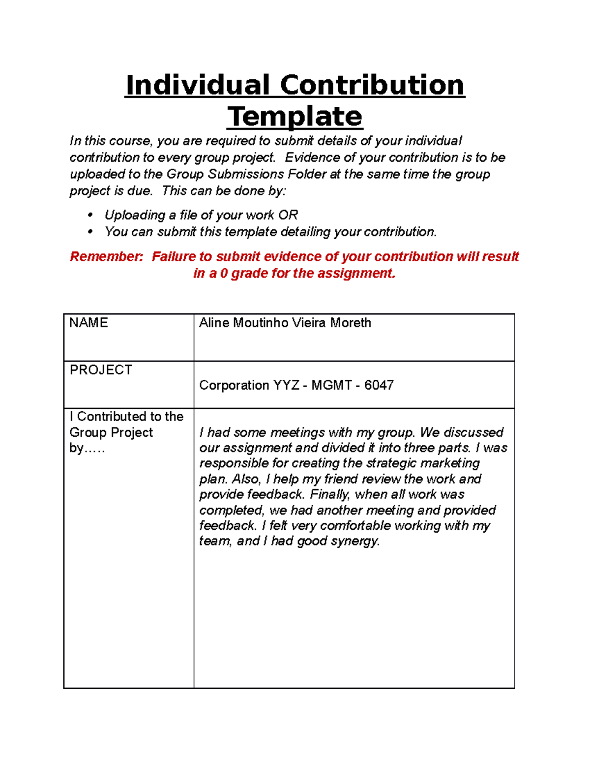 My Contribution Template - Individual Contribution Template In this ...