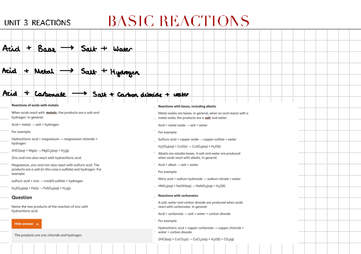 UNIT 3 Reactions - UNIT 3 REACTIONS BASIC REACTIONS Acid t Base > Salt ...