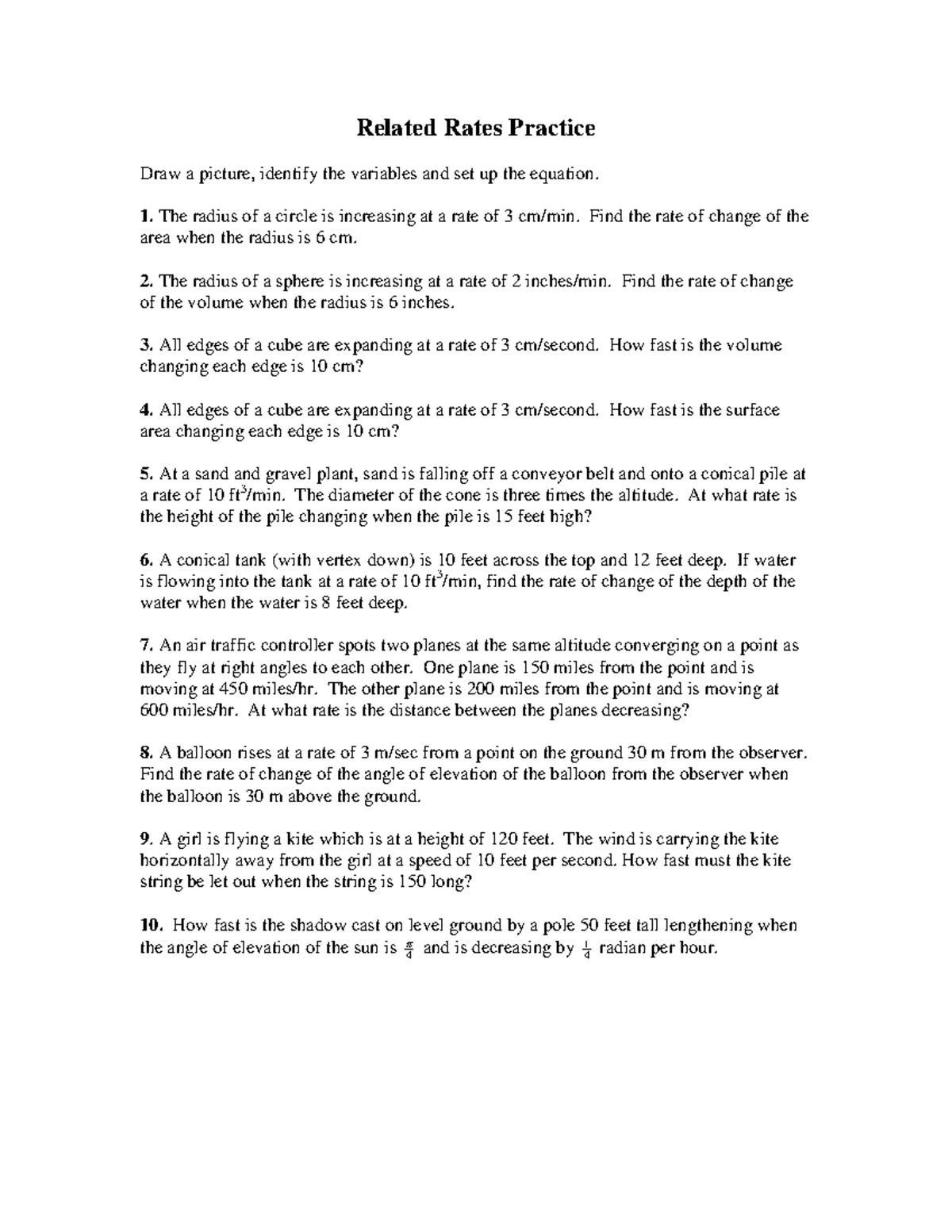 Related Rates Practice - Related Rates Practice Draw a picture ...