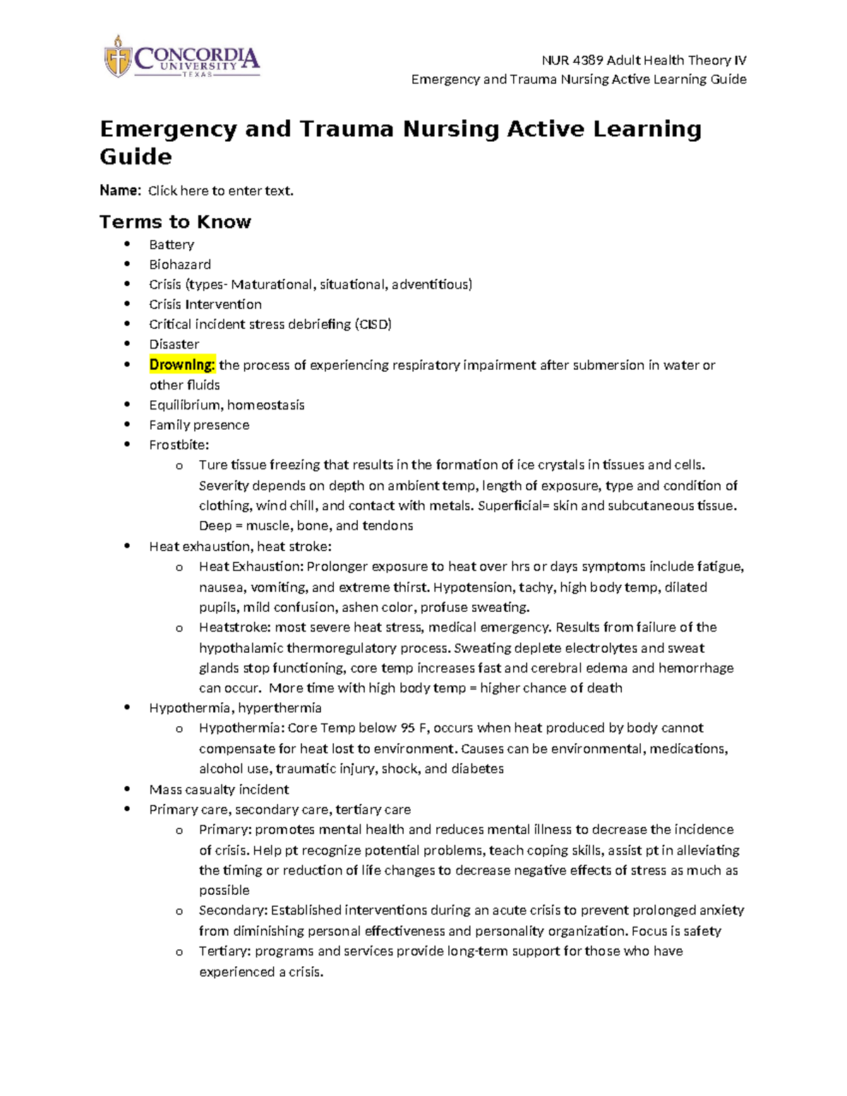 Emergency and Trauma Nursing Active Learning Guide - Terms to Know ...