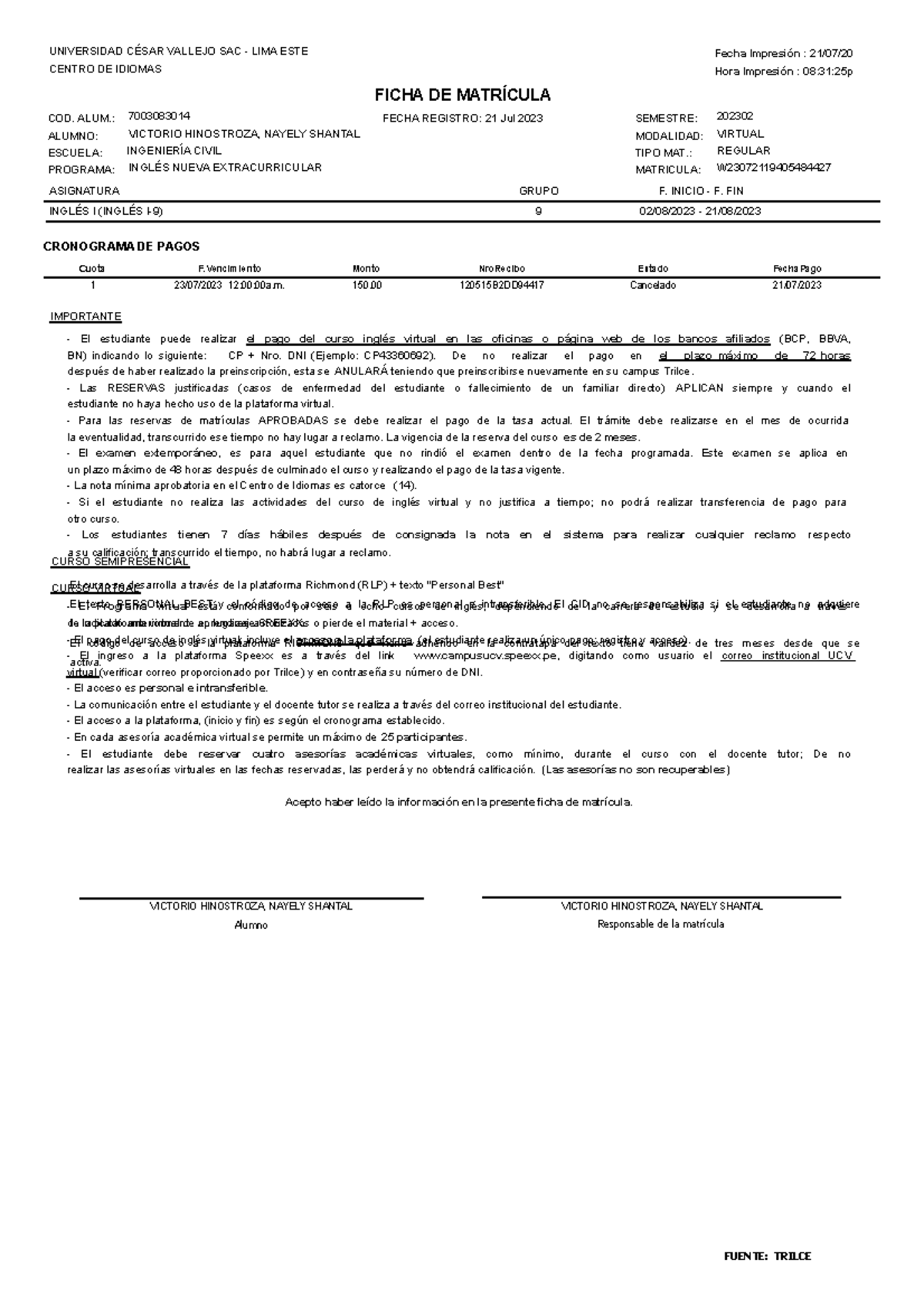 Ficha Matricula Web Victorio Hinostroza Nayely Shantal - UNIVERSIDAD ...