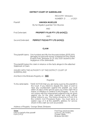 Form 16 Statement of claim UCPR - SUPREME/DISTRICT/MAGISTRATES COURT OF ...