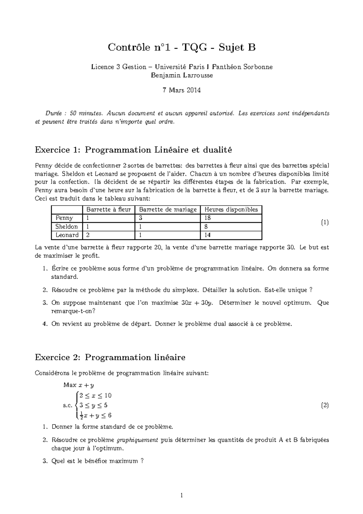 CC1 TQG Sujet B mars2014 - Contrôle n 1 - TQG - Sujet B Licence 3 Gestion – Université Paris I ...