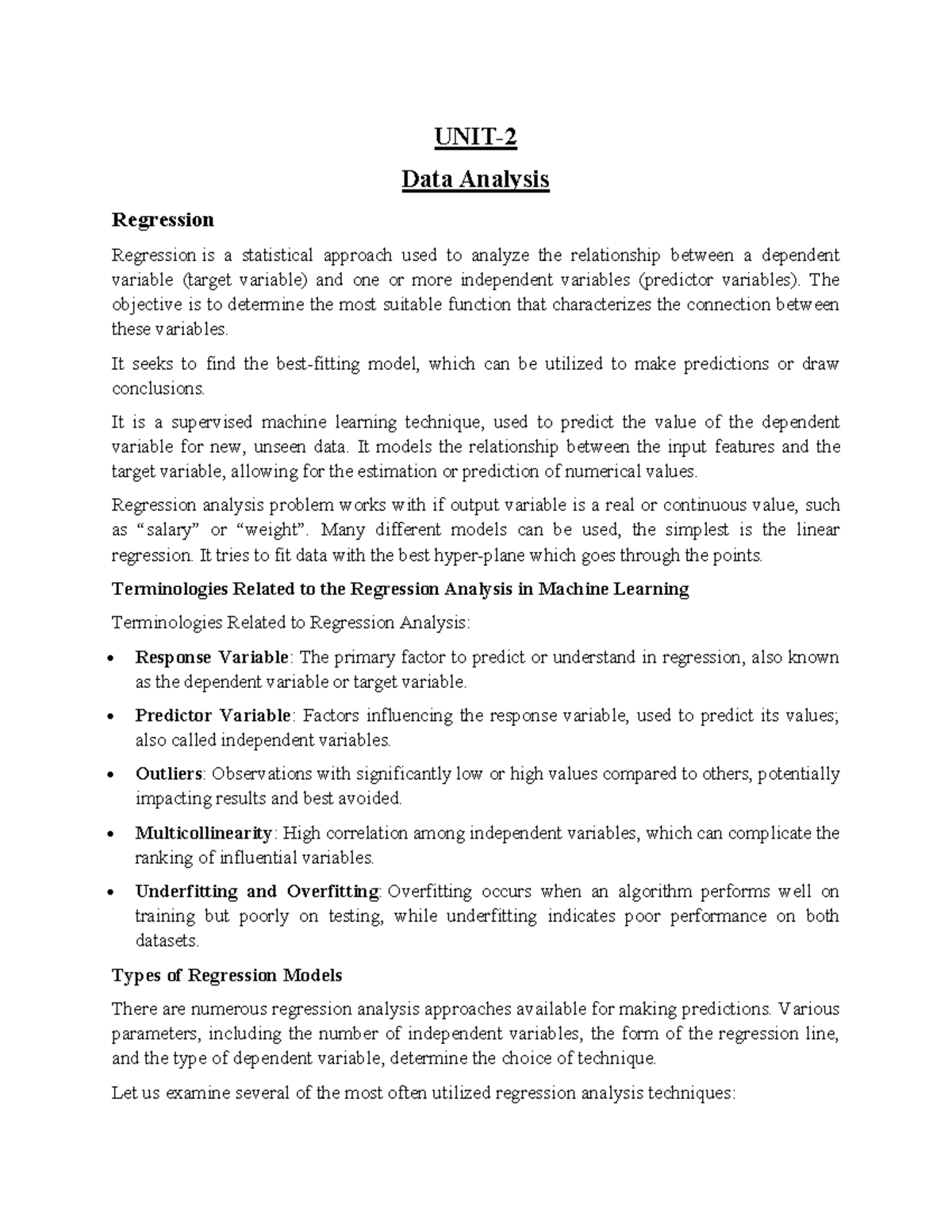 Unit-2 Data Analysis - NOTES - UNIT- Data Analysis Regression ...