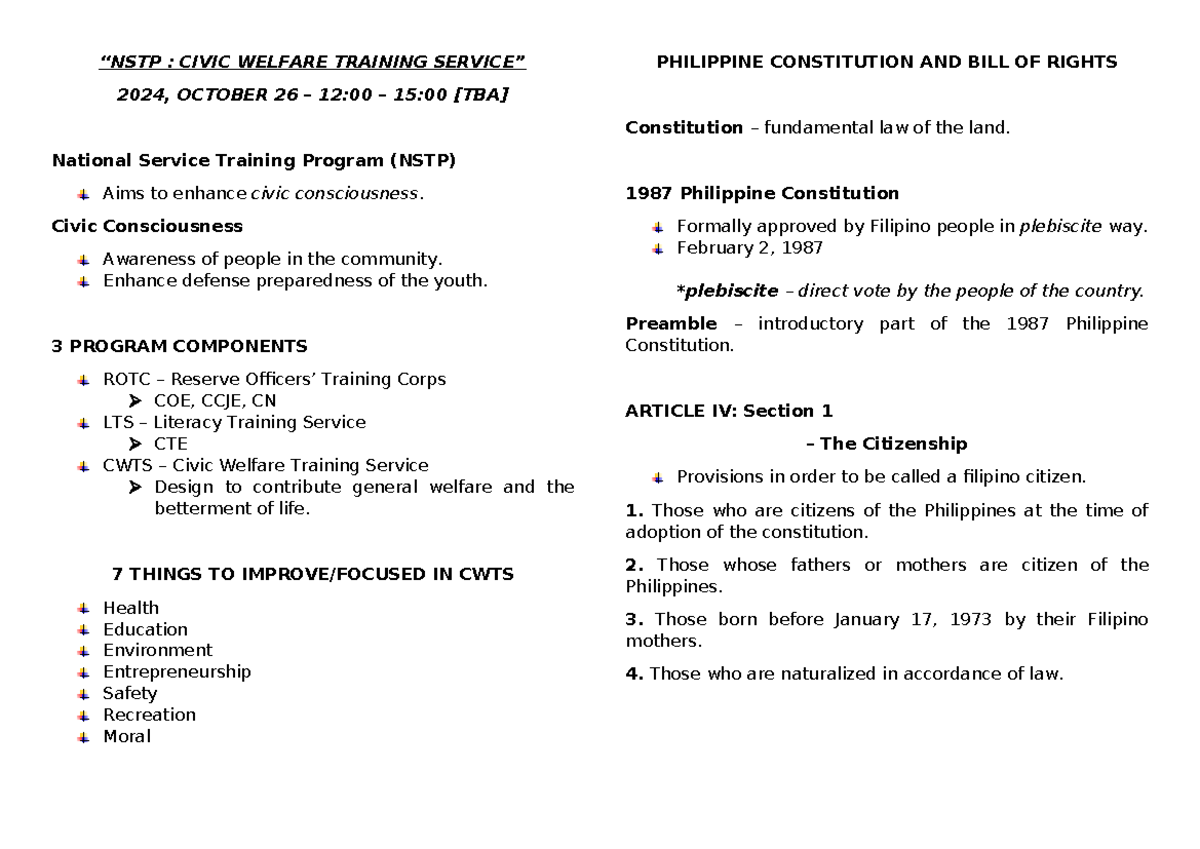 NSTP - CWTS [Transes] - Nstp cwts reviewer - “NSTP : CIVIC WELFARE ...