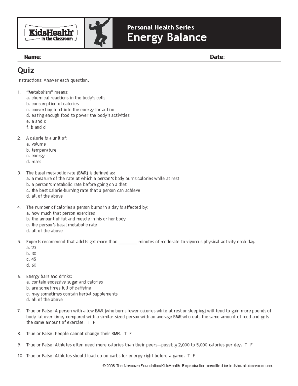Annotated-Energy Balance Knowledge Check - © 2006 The Nemours ...
