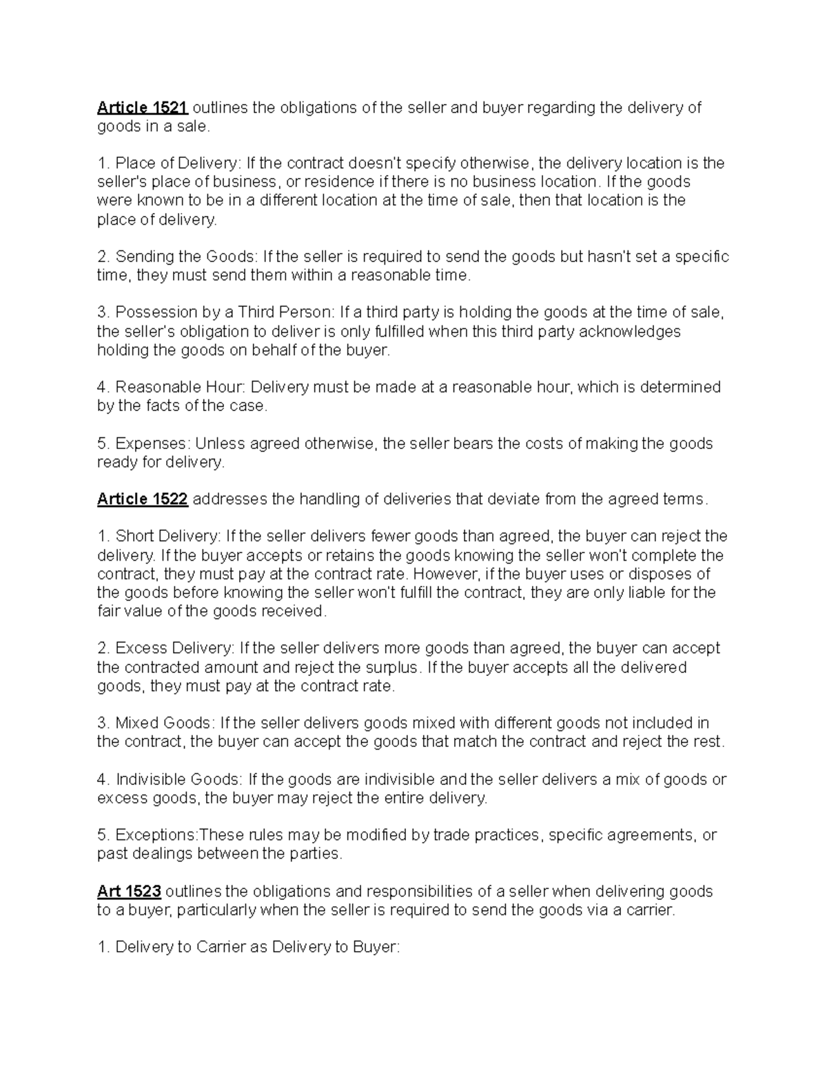 LAW ON SALES (Articles 1521-1581) - Article 1521 outlines the ...