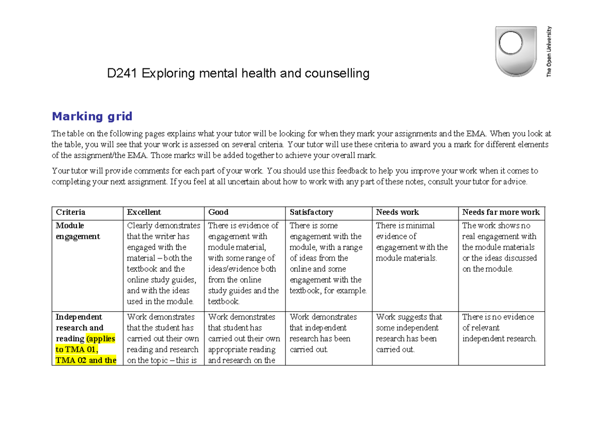 Assessment marking grid - D241 Exploring mental health and counselling ...