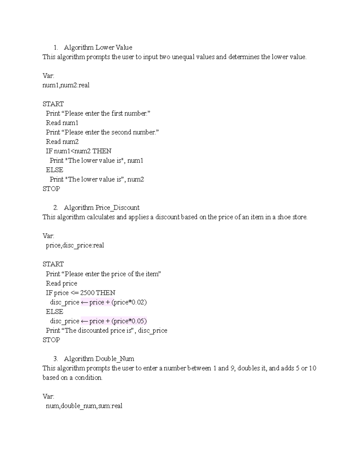 IT - Yes - Algorithm Lower Value This algorithm prompts the user to ...
