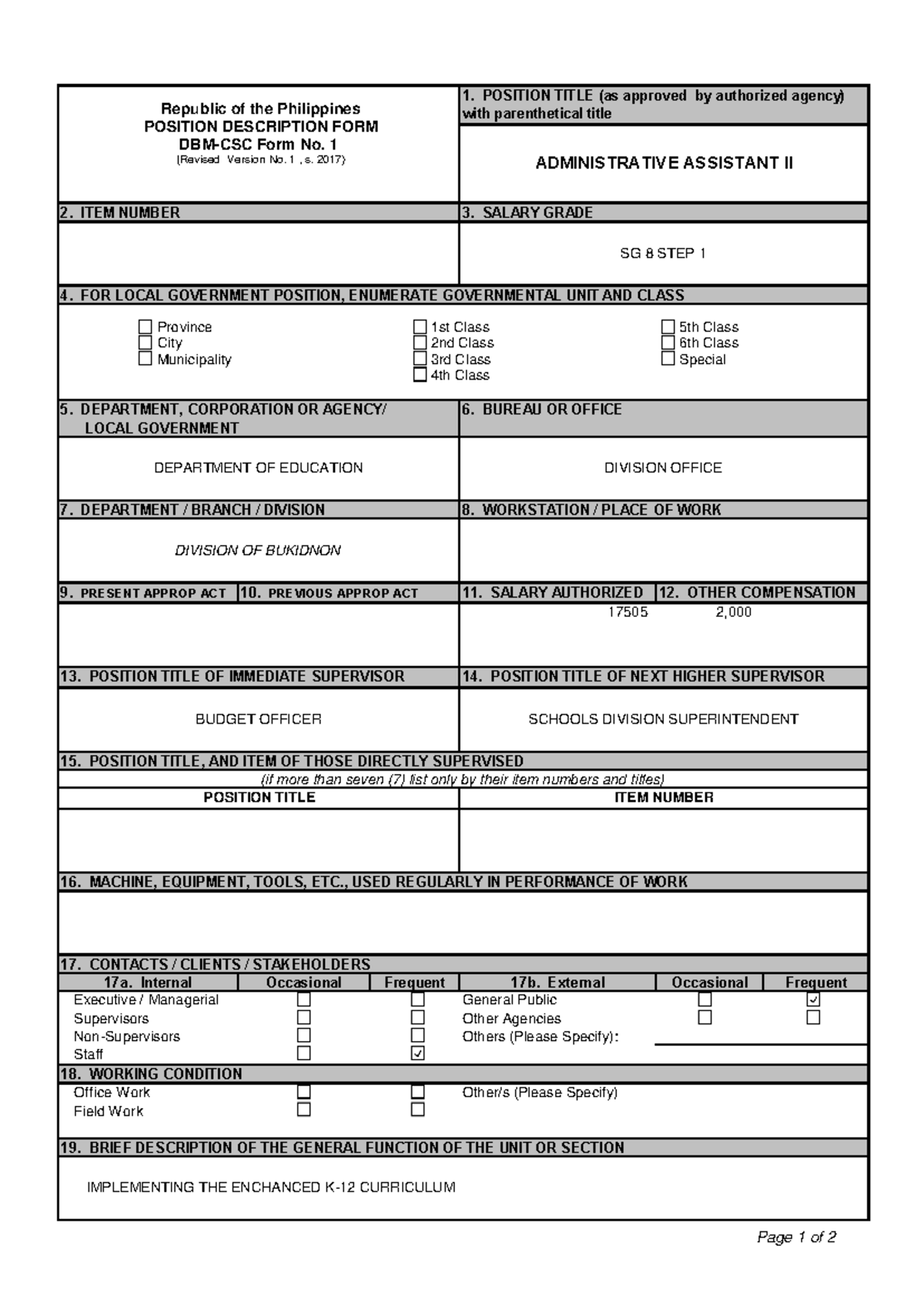 DBM CSC Form No - CSC Form Position Description Form - 9. PRESENT ...