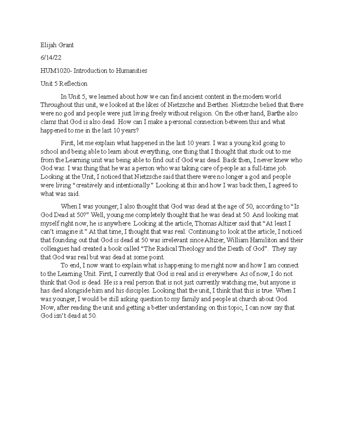 Unit 5 Reflection - Elijah Grant 6/14/ HUM1020- Introduction to Humanities Unit 5 Reflection In ...
