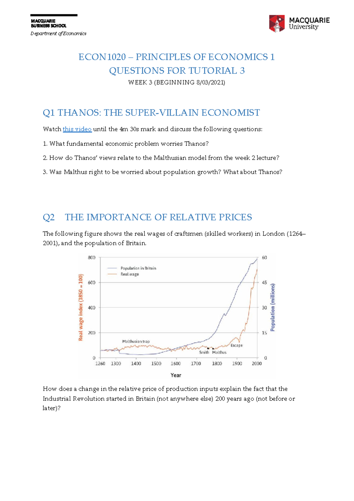 ECON1020 S1 2021 Tutorial 3 - Questions - MACQUARIE BUSINESS SCHOOL ...