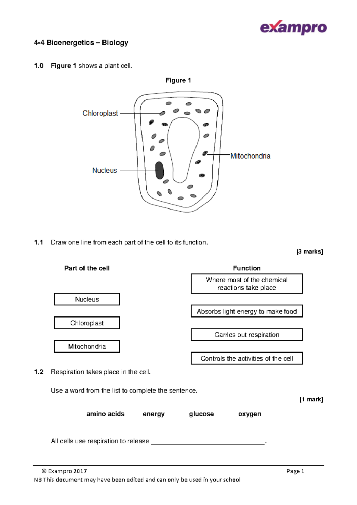 Biology Separate Bioenergetics - © Exampro 2017 Page 1 4 - 4 ...