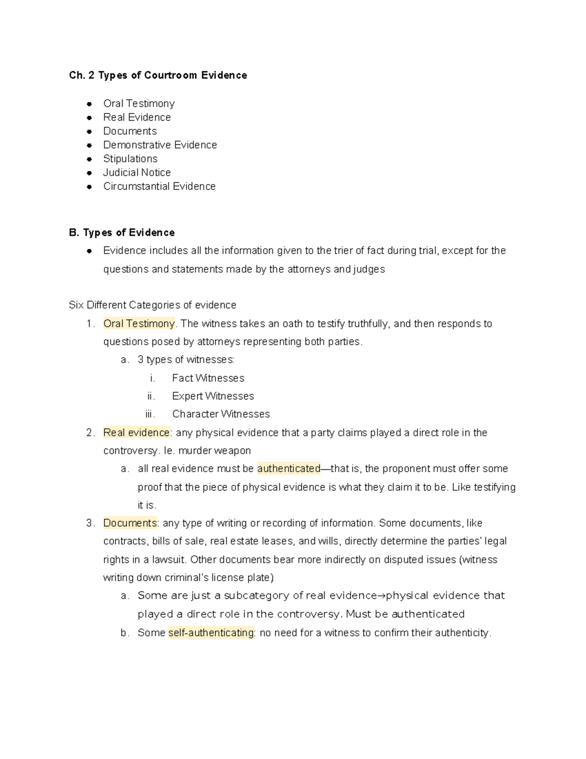 Evidence Notes - Ch. 2 Types of Courtroom Evidence Oral Testimony Real ...